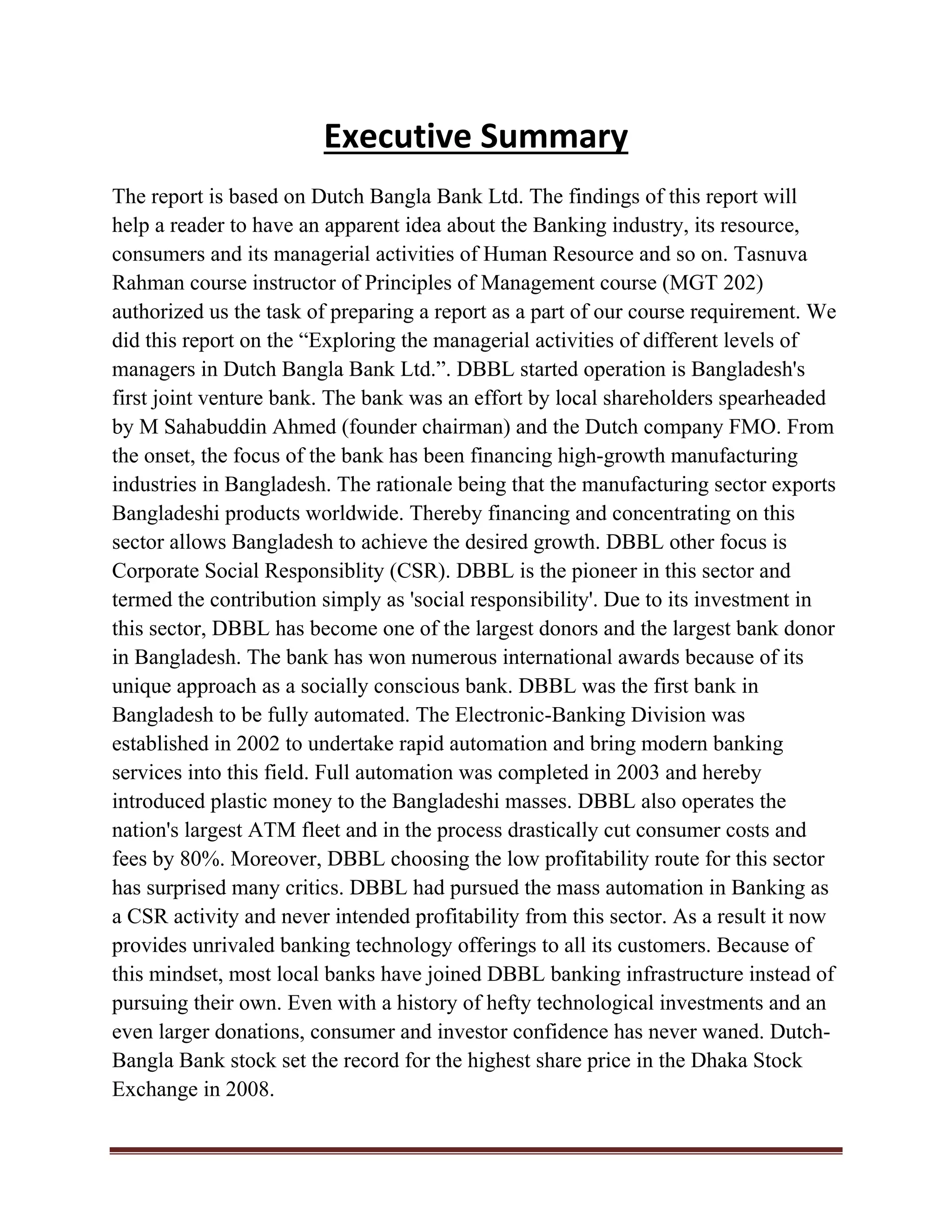 Report exploring the Managerial Activities of DBBL | PDF