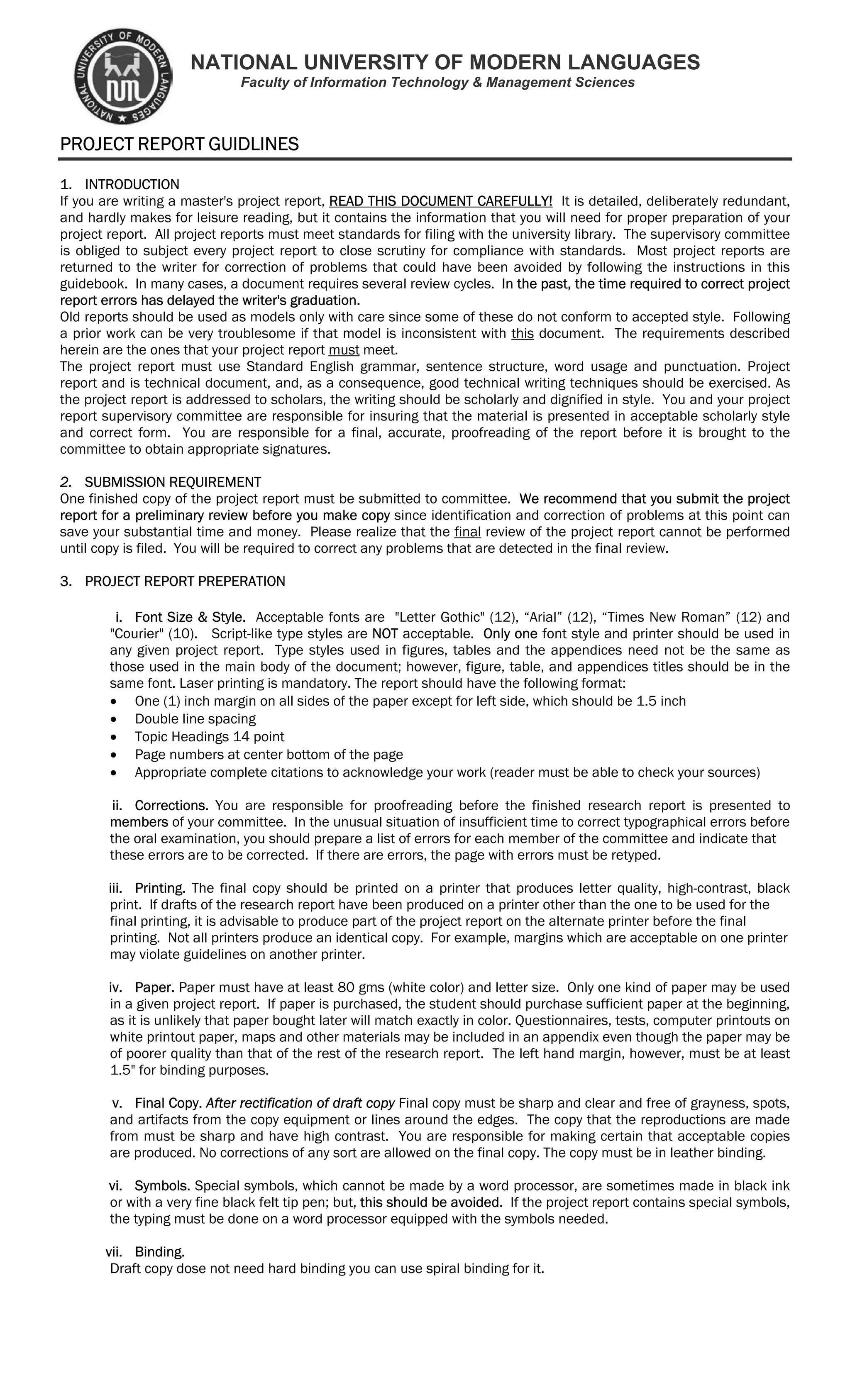 NUML management science dept Report format guidelines | PDF