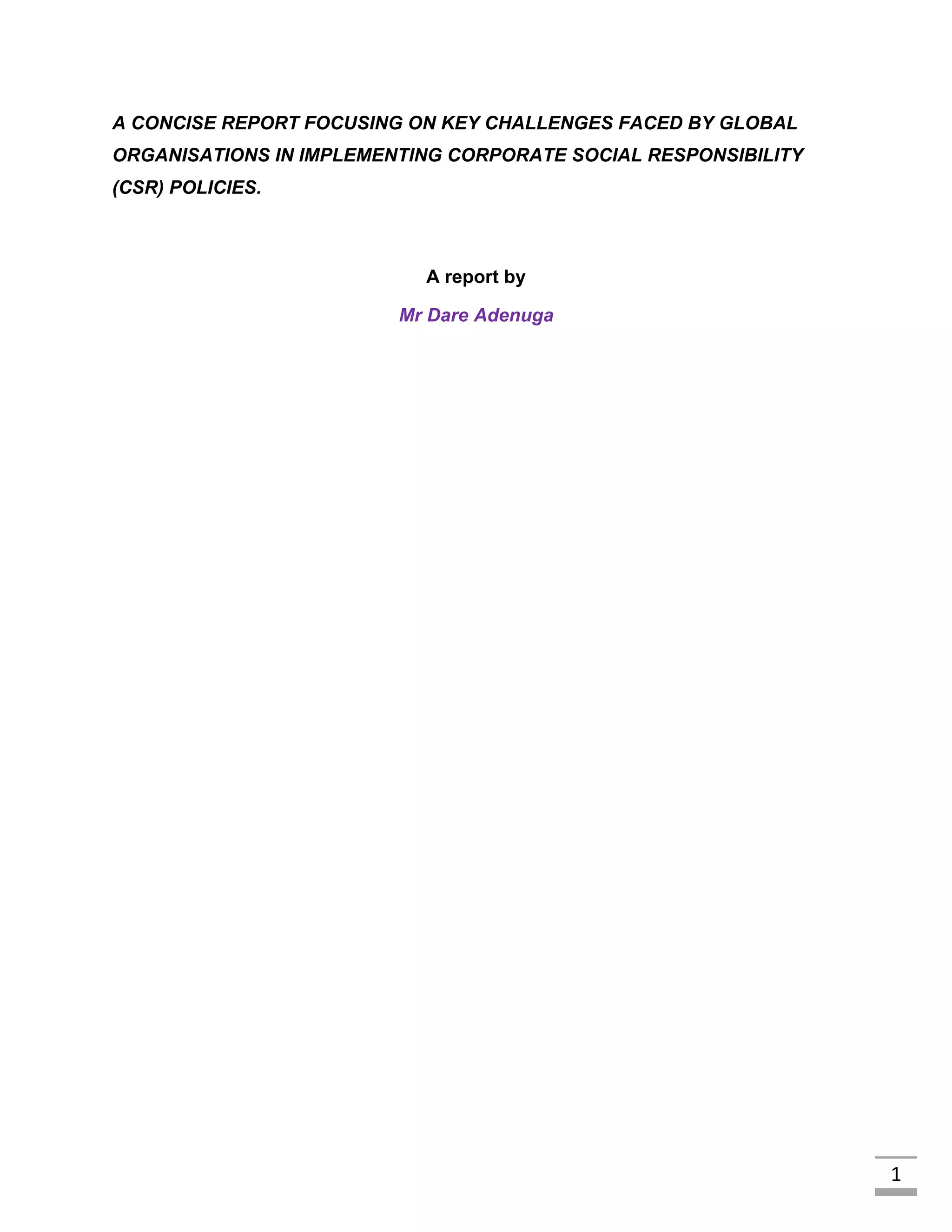 KEY CHALLENGES FACED BY GLOBAL ORGANISATIONS IN IMPLEMENTING CORPORATE ...