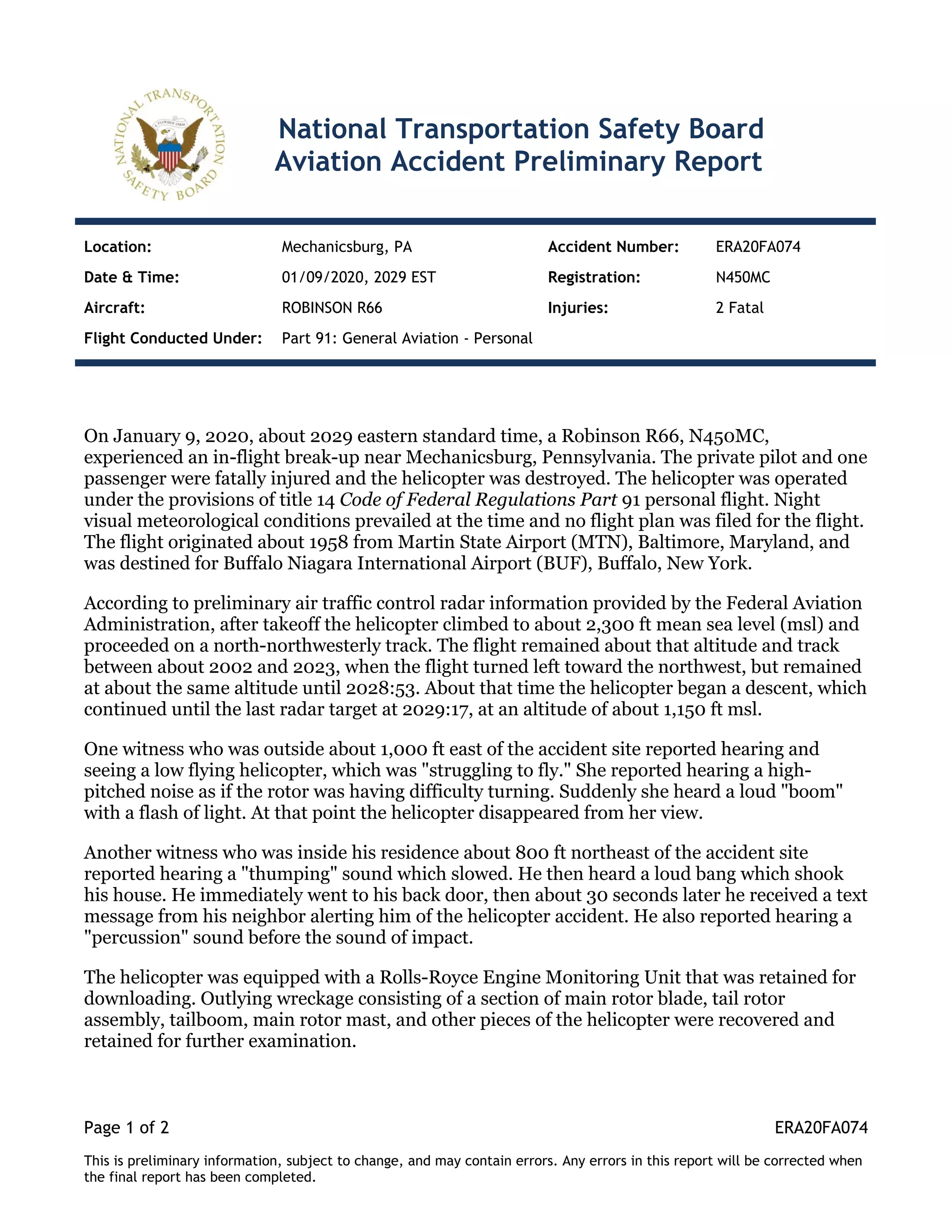 NTSB Preliminary Report on fatal Mechanicsburg, PA helicopter crash | PDF
