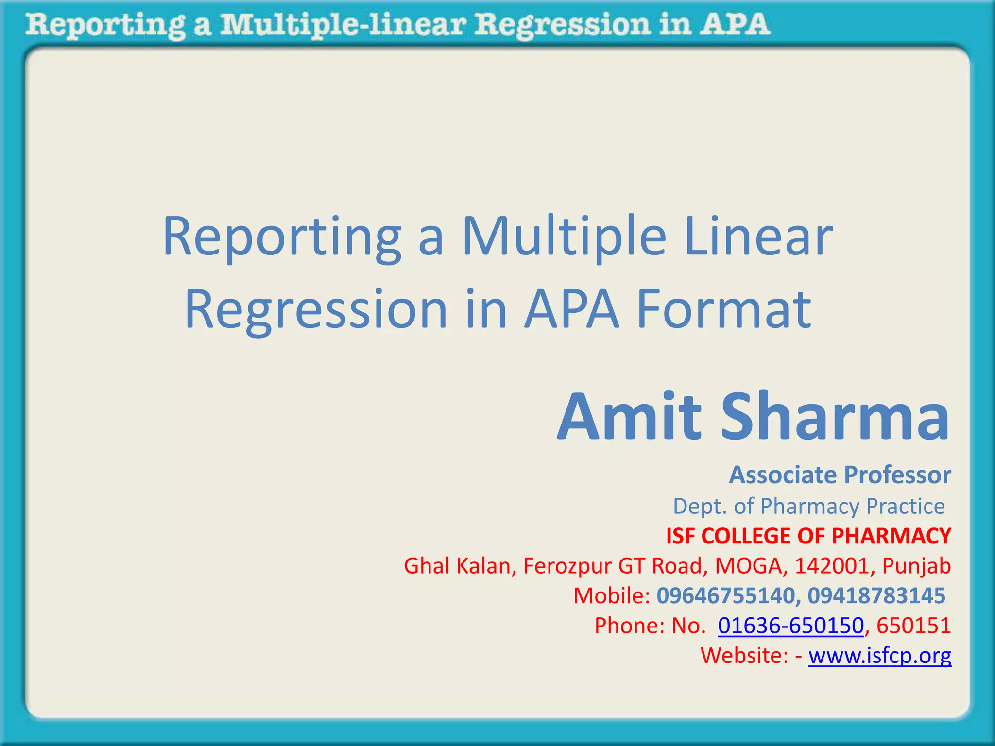 Reporting a multiple linear regression in APA | PPTX