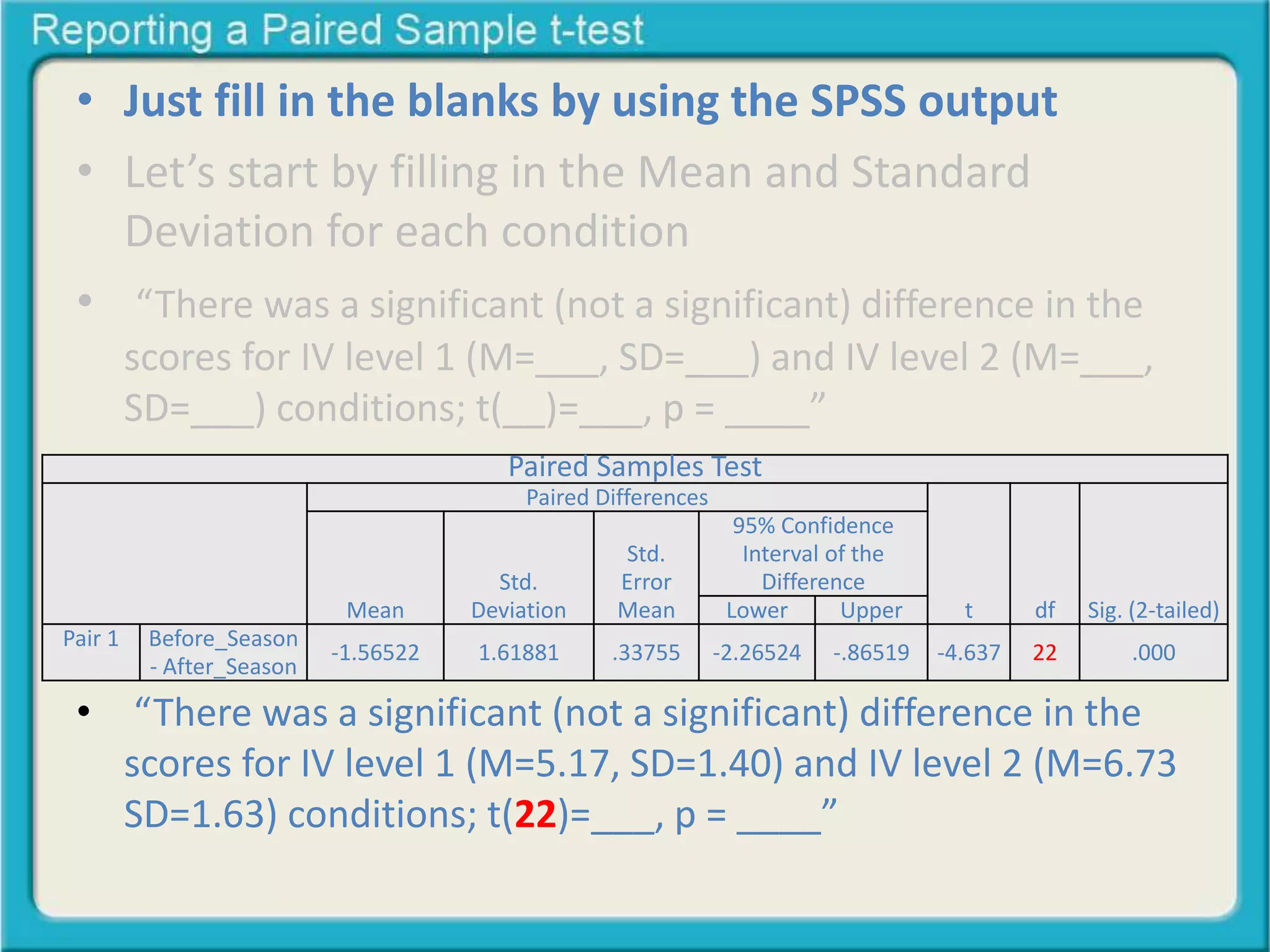 Reporting a paired sample t test | PPTX