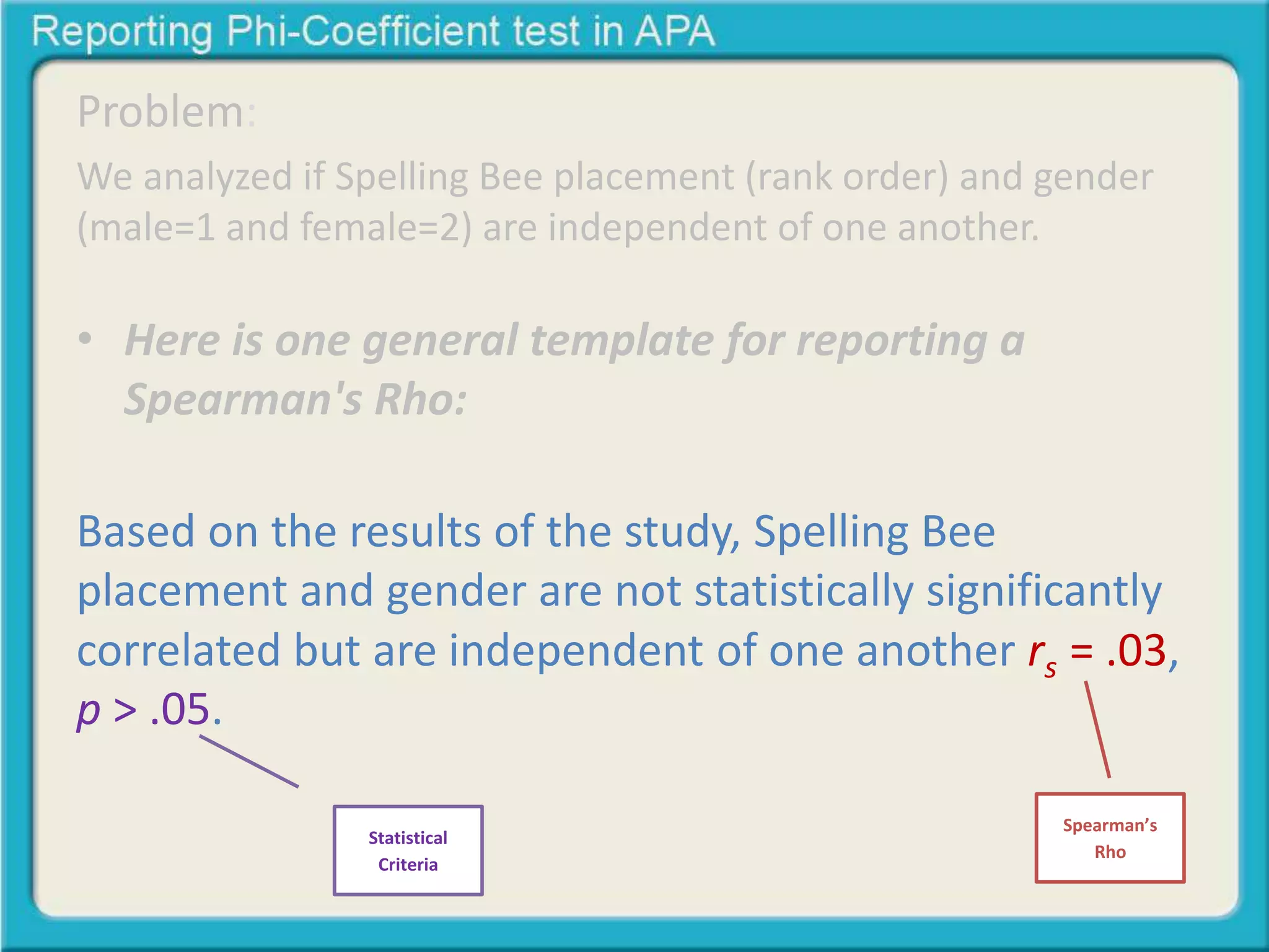 Reporting Spearman Rho in APA (independence) | PPTX