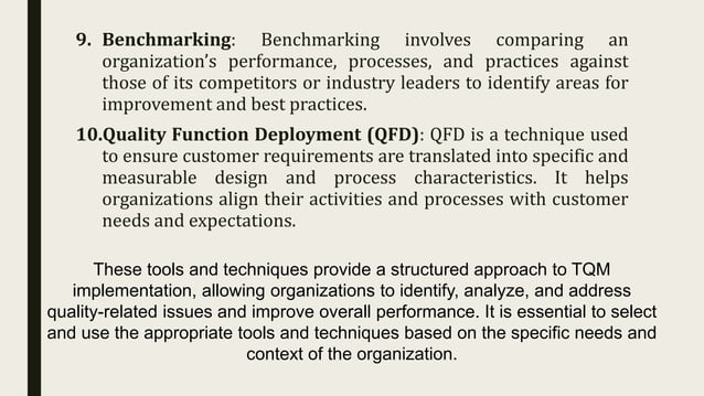 Tools and Techniques in Total Quality Management Implementation | PPT