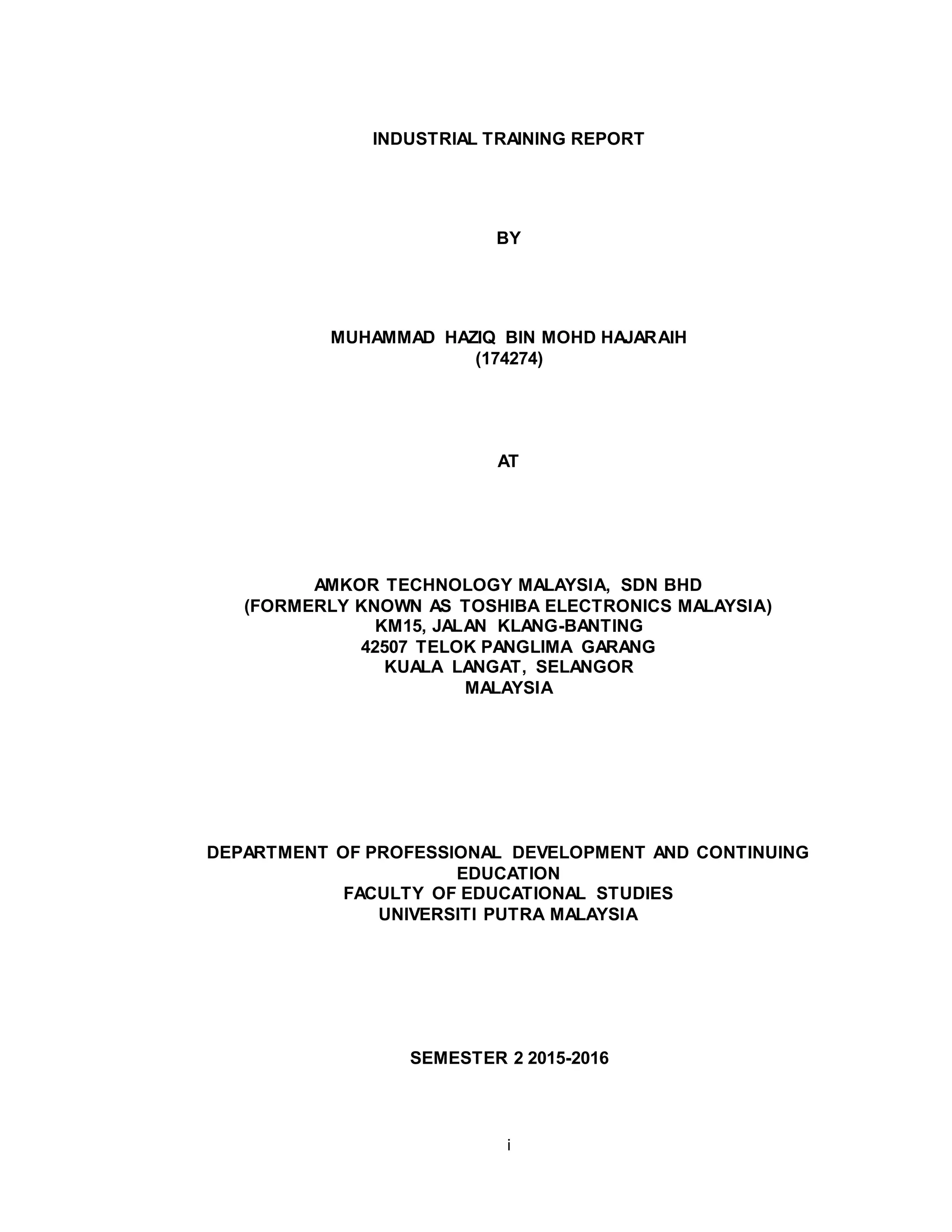 Contoh Report Latihan Industri | DOCX