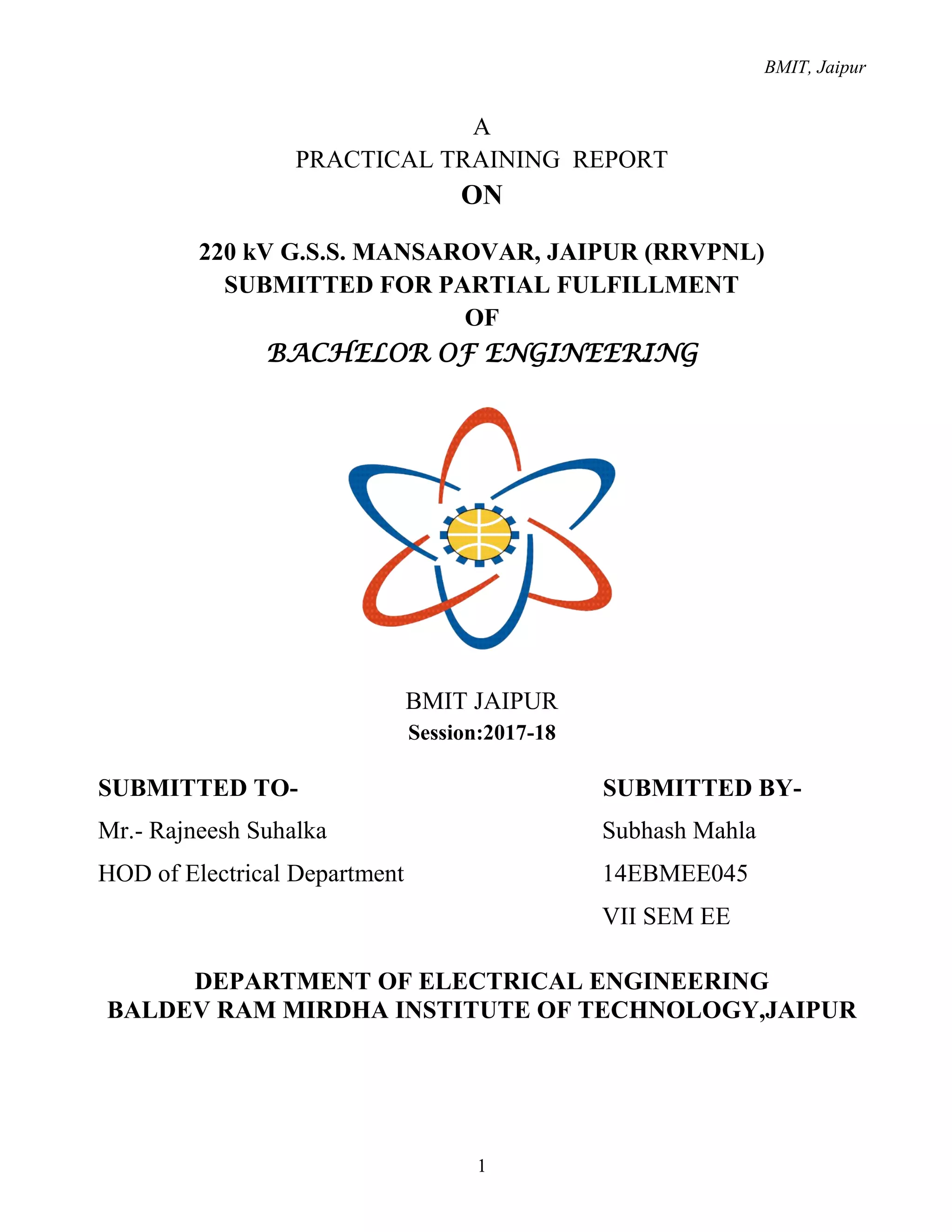 220 kV GSS Mansarovar Jaipur (RVPNL) Training Report SM54 | PDF