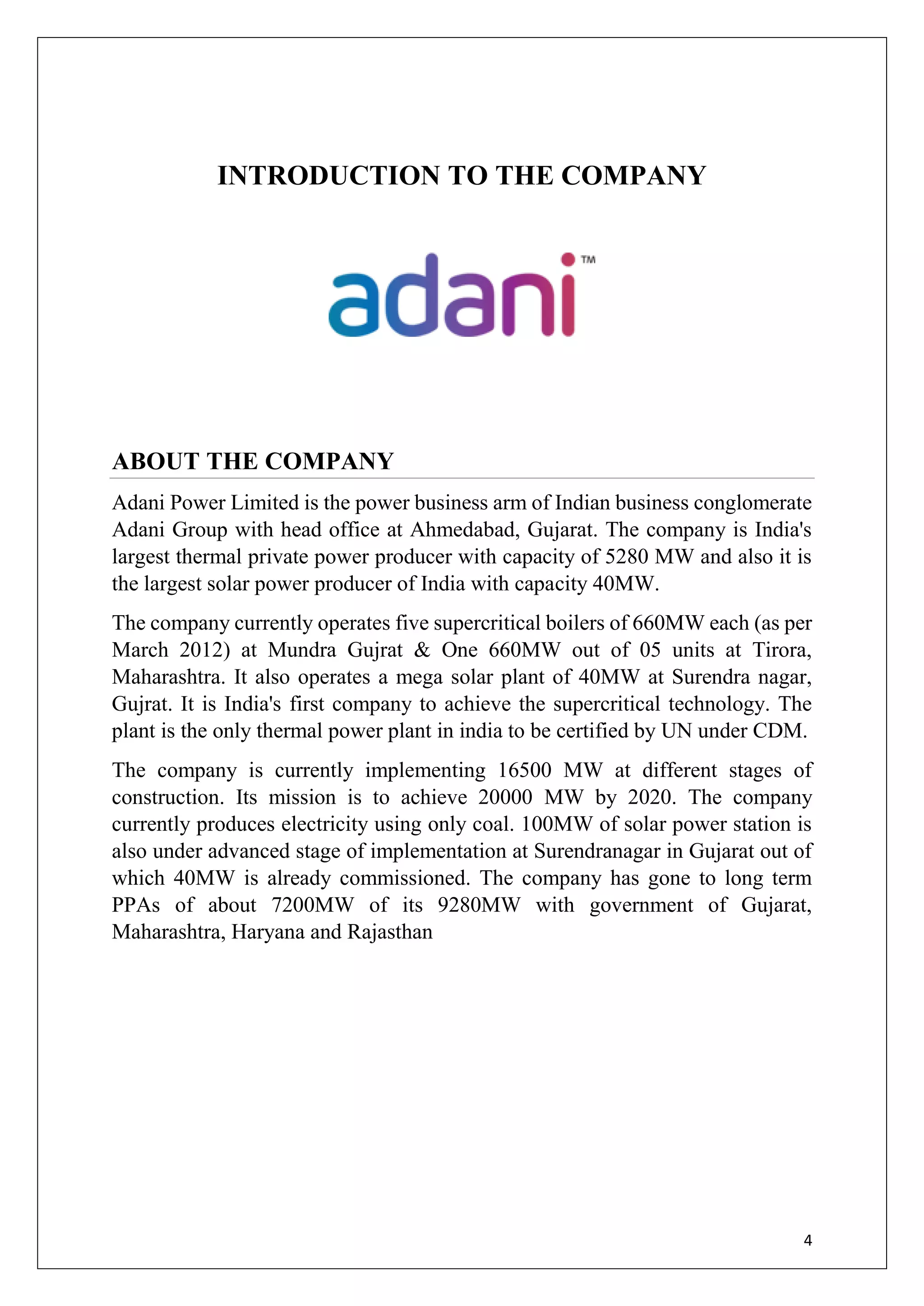 A project report on adani power ltd. | PDF