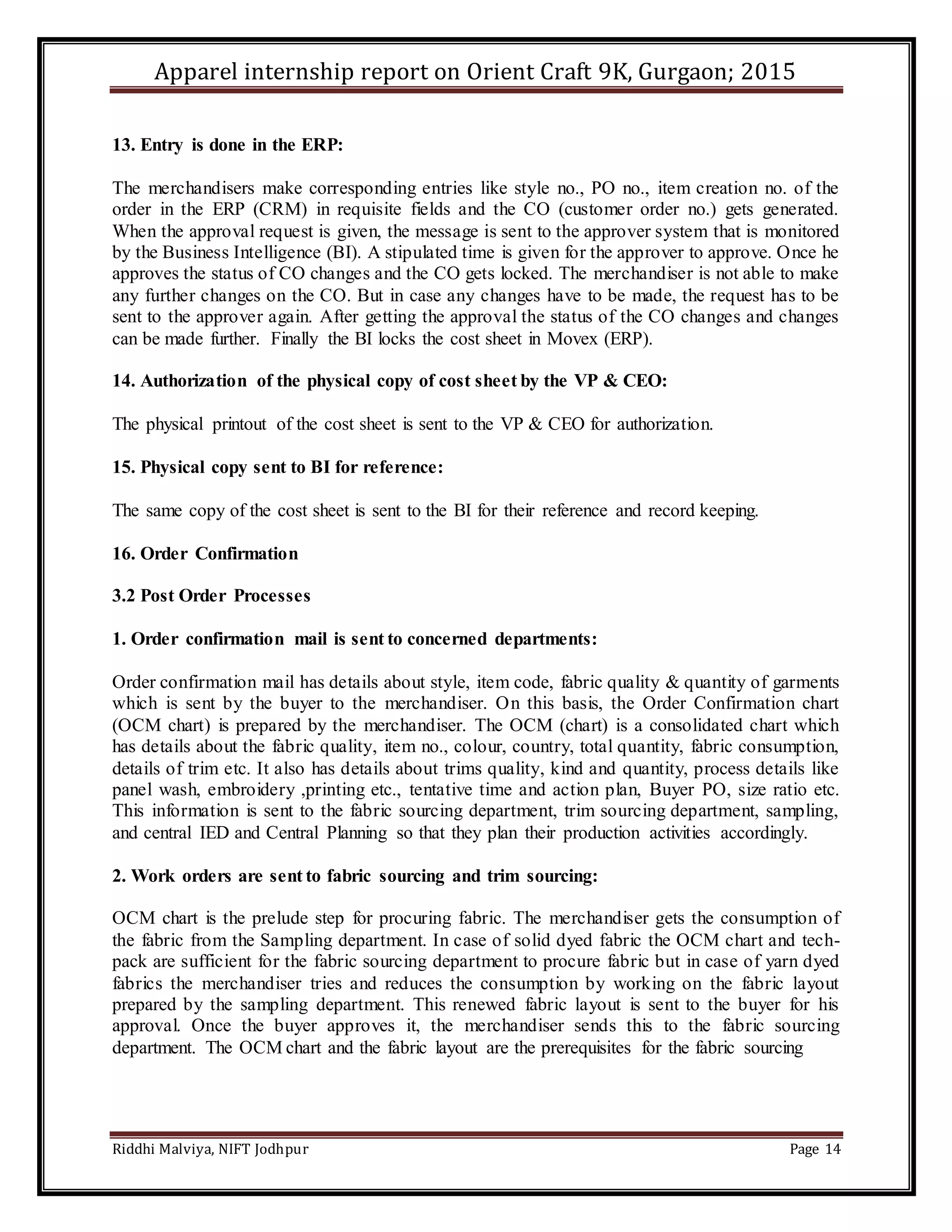 Report on apparel internship at orient craft limited | DOCX