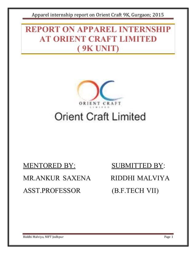 Report on apparel internship at orient craft limited | DOCX