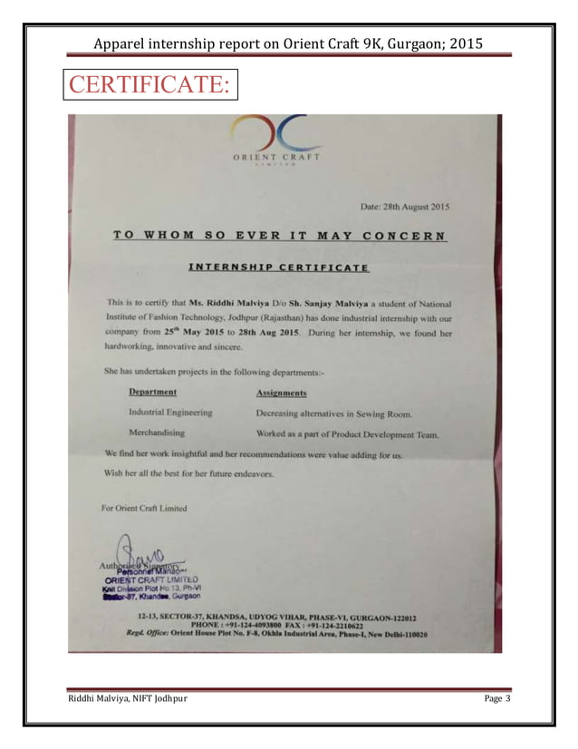 Report on apparel internship at orient craft limited | DOCX