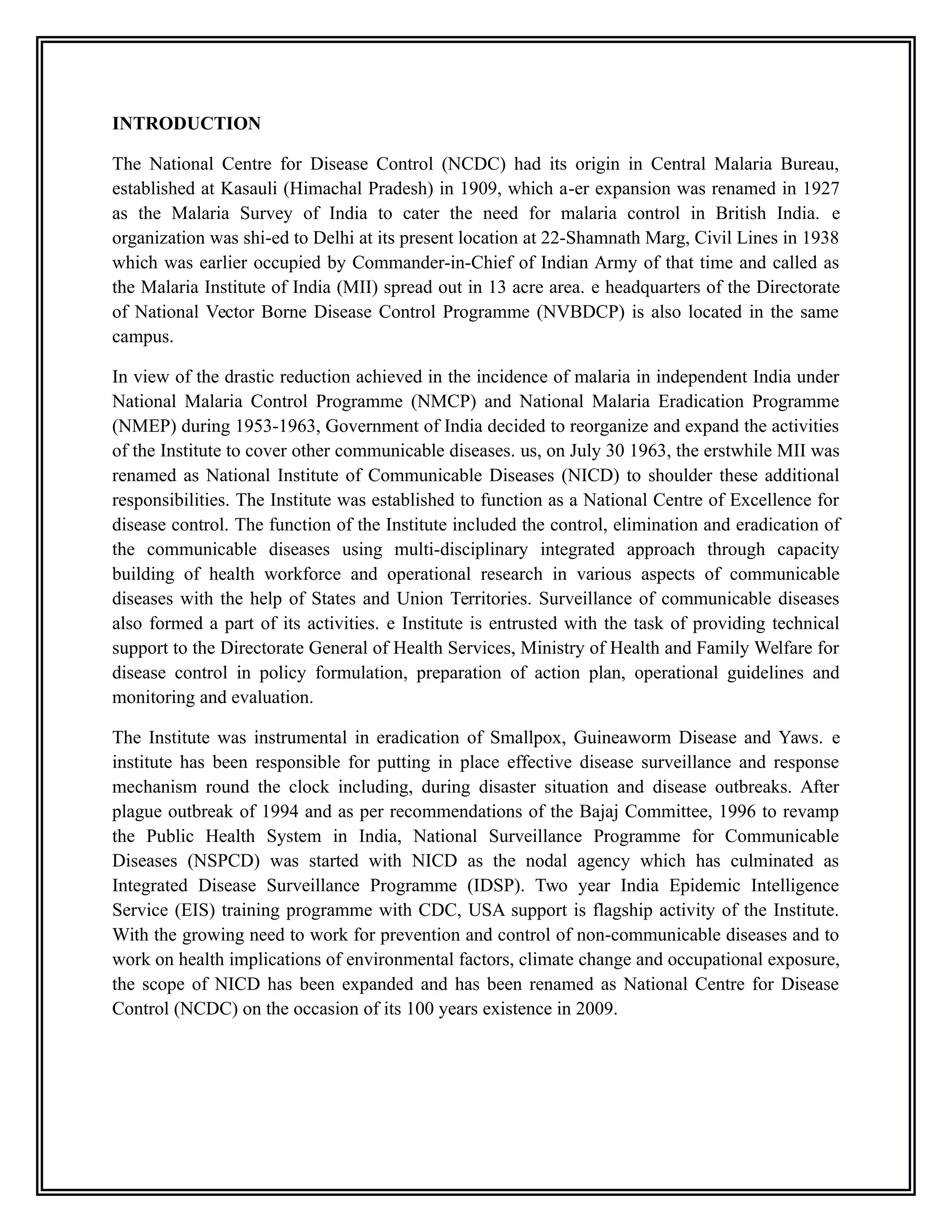 Report on field visit to ncdc new delhi | PDF