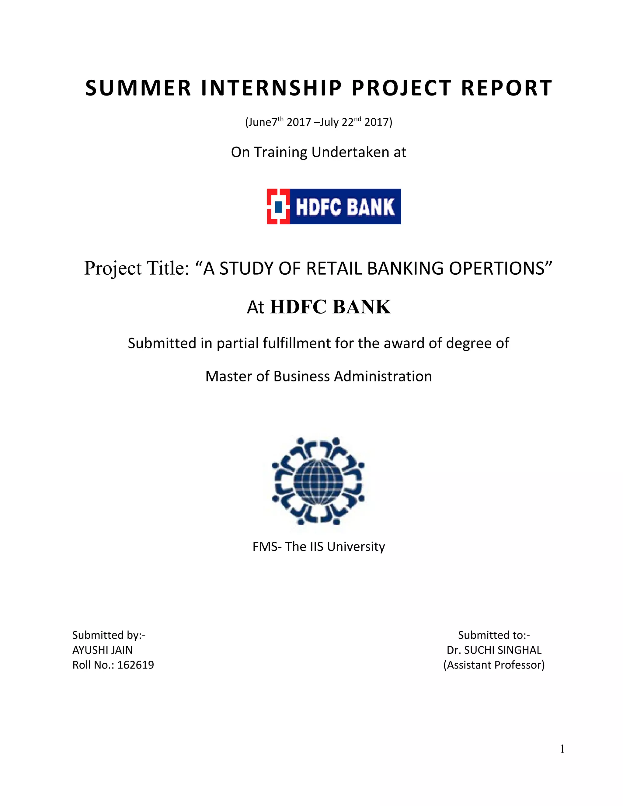 Report on HDFC bank by Ayushi Jain | DOC