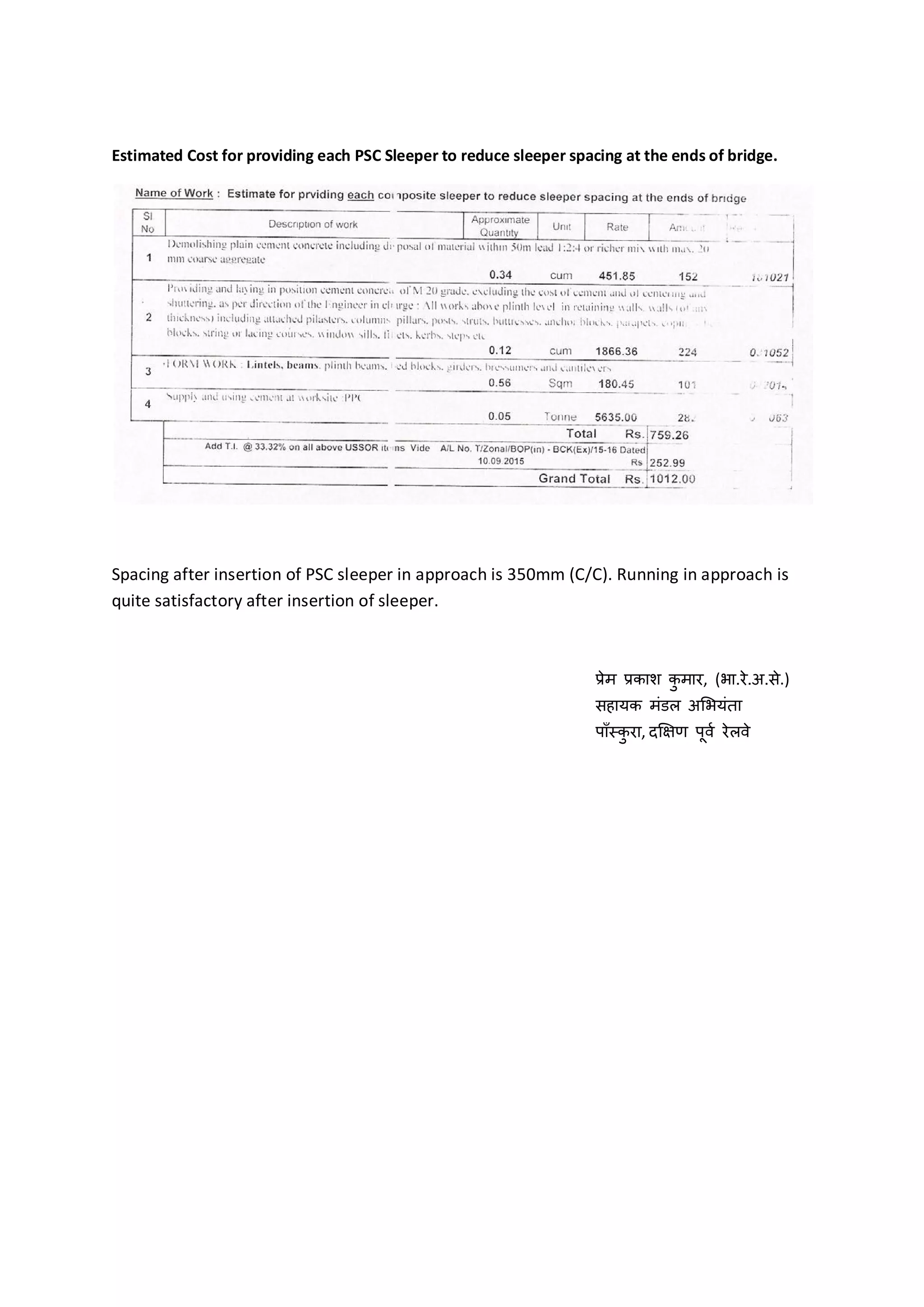 Report on insertion of br. approach sleeper to standardised the ...