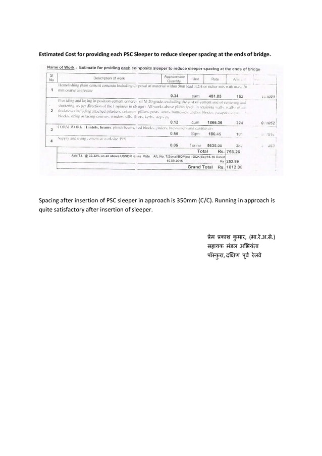 Report on insertion of br. approach sleeper to standardised the ...