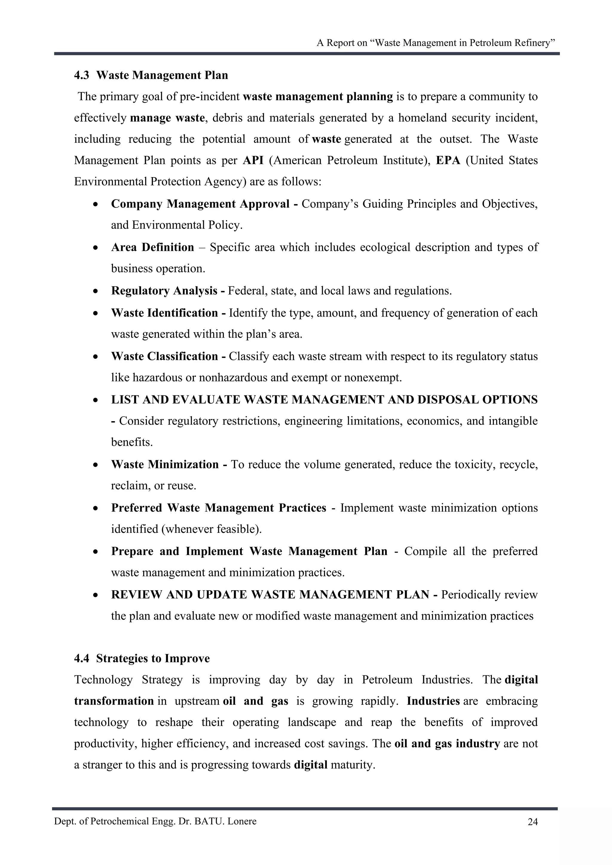 Report on Internship on Waste Management in Petroleum Refinery. | PDF