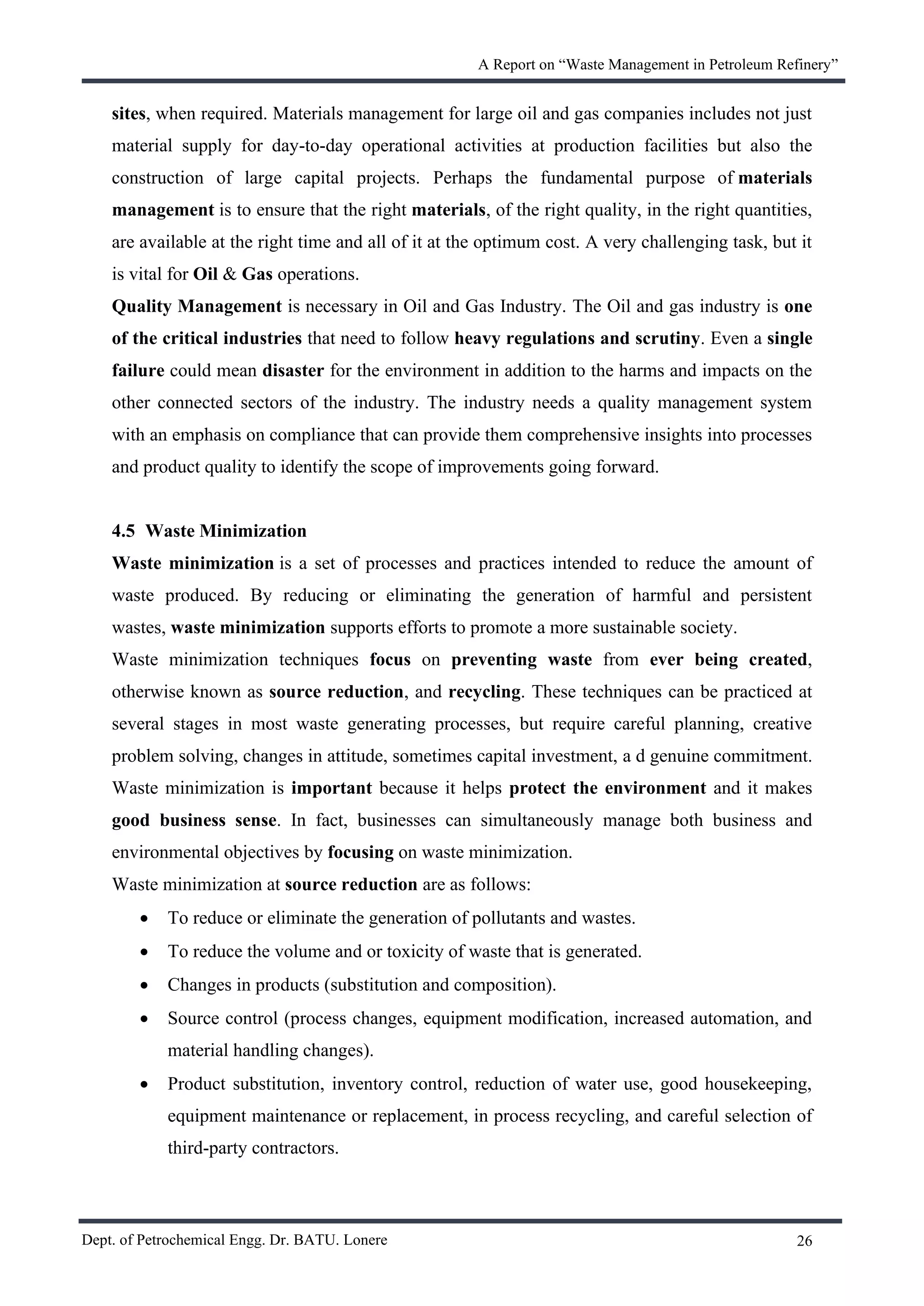 Report on Internship on Waste Management in Petroleum Refinery. | PDF