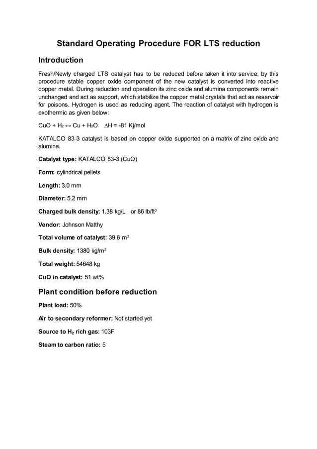 Report on Low temperature shift converter Catalyst reduction | PDF