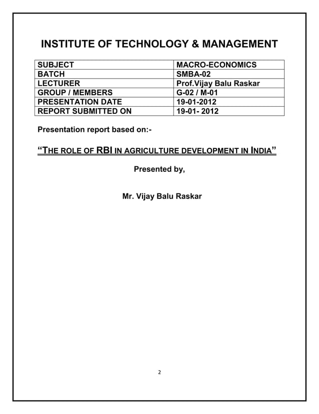 Report on Role of RBI in agriculture development in India | PDF