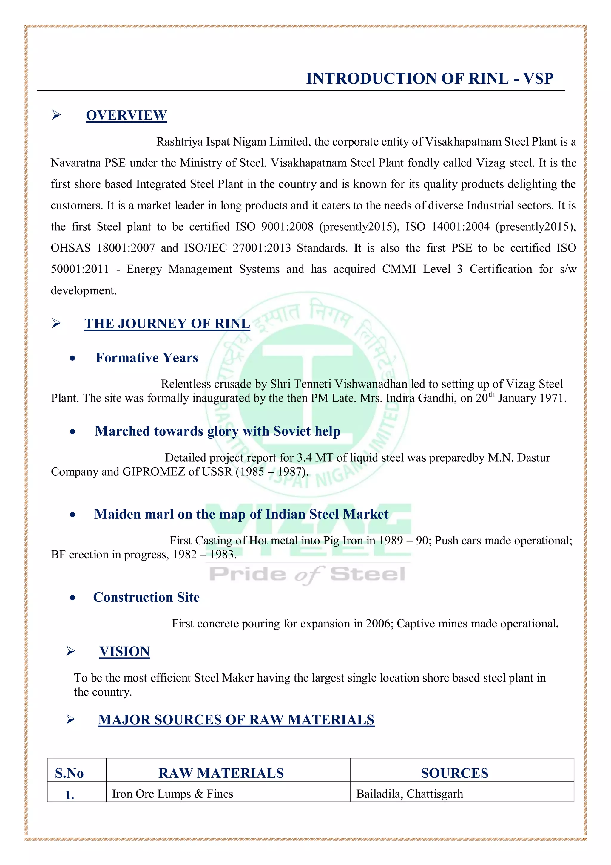 Report on RINL - Visakhapatnam Steel Plant | PDF