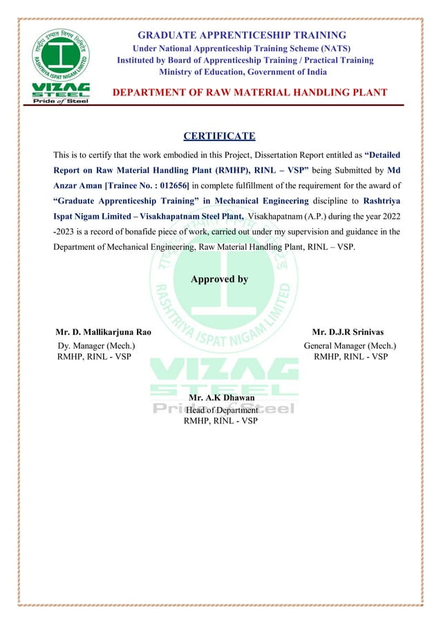 Report on RINL - Visakhapatnam Steel Plant | PDF | Careers