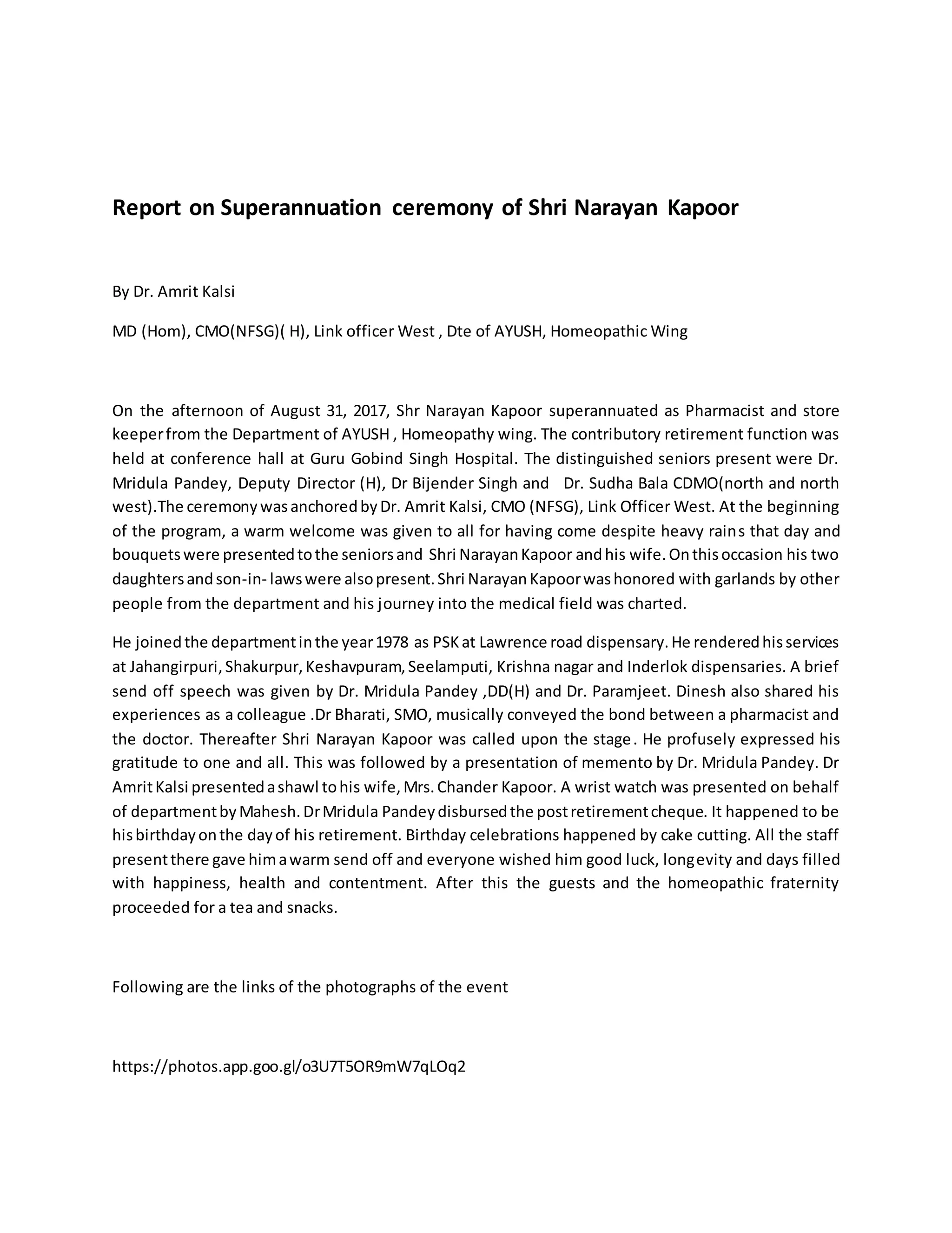 Report on superannuation ceremony of shri narayan kapoor | DOCX
