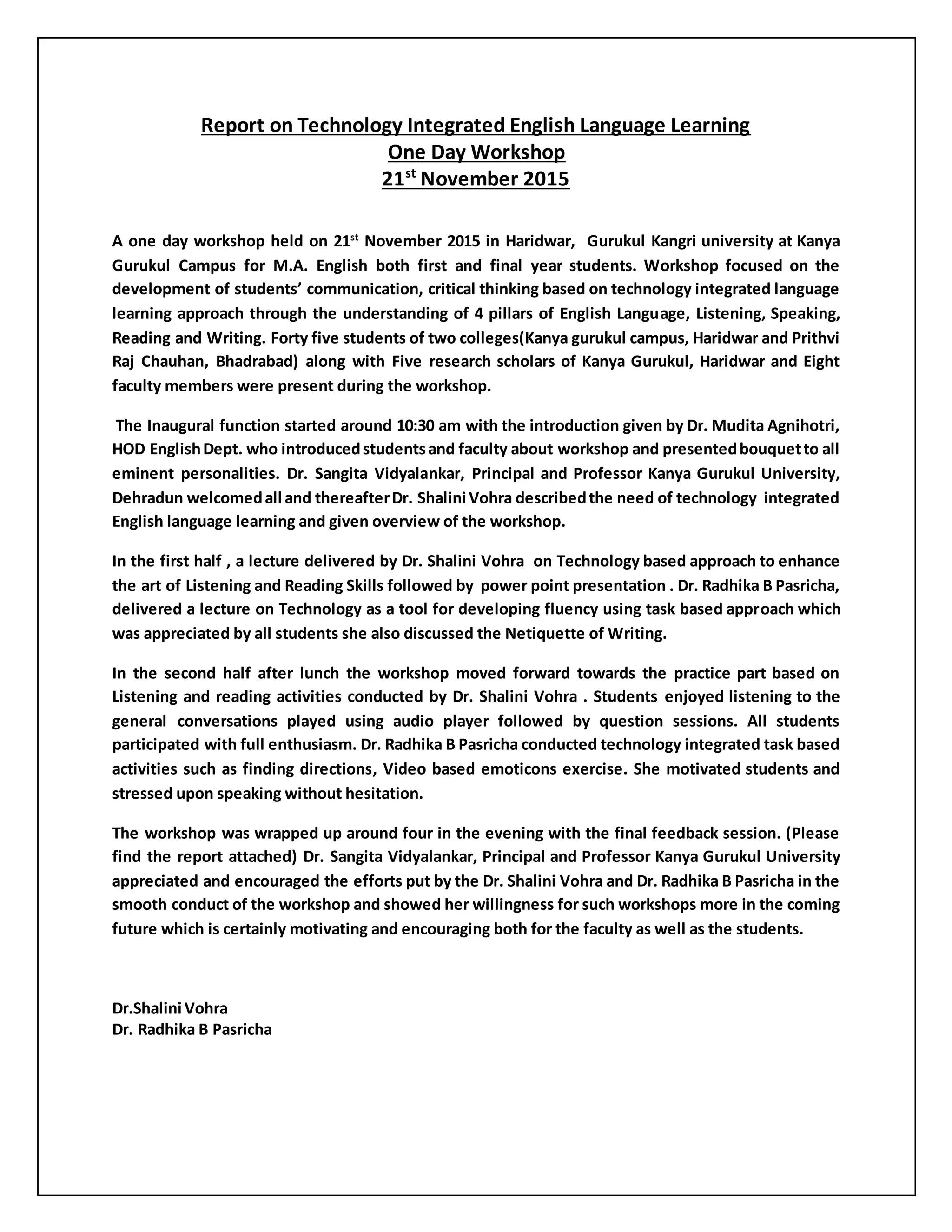 Technology Integrated English Language Learning One Day Workshop | PDF