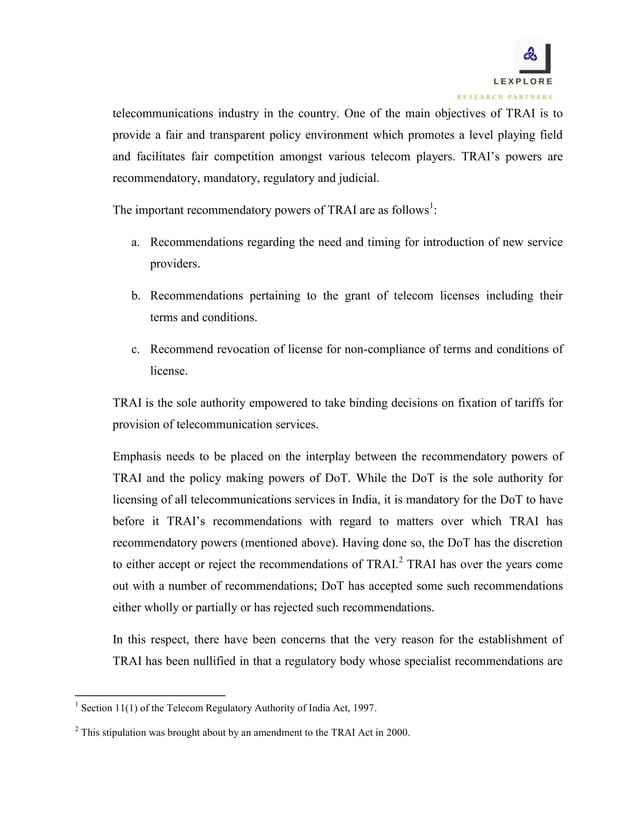 Telecom regulatory framework and legislation in India | PDF