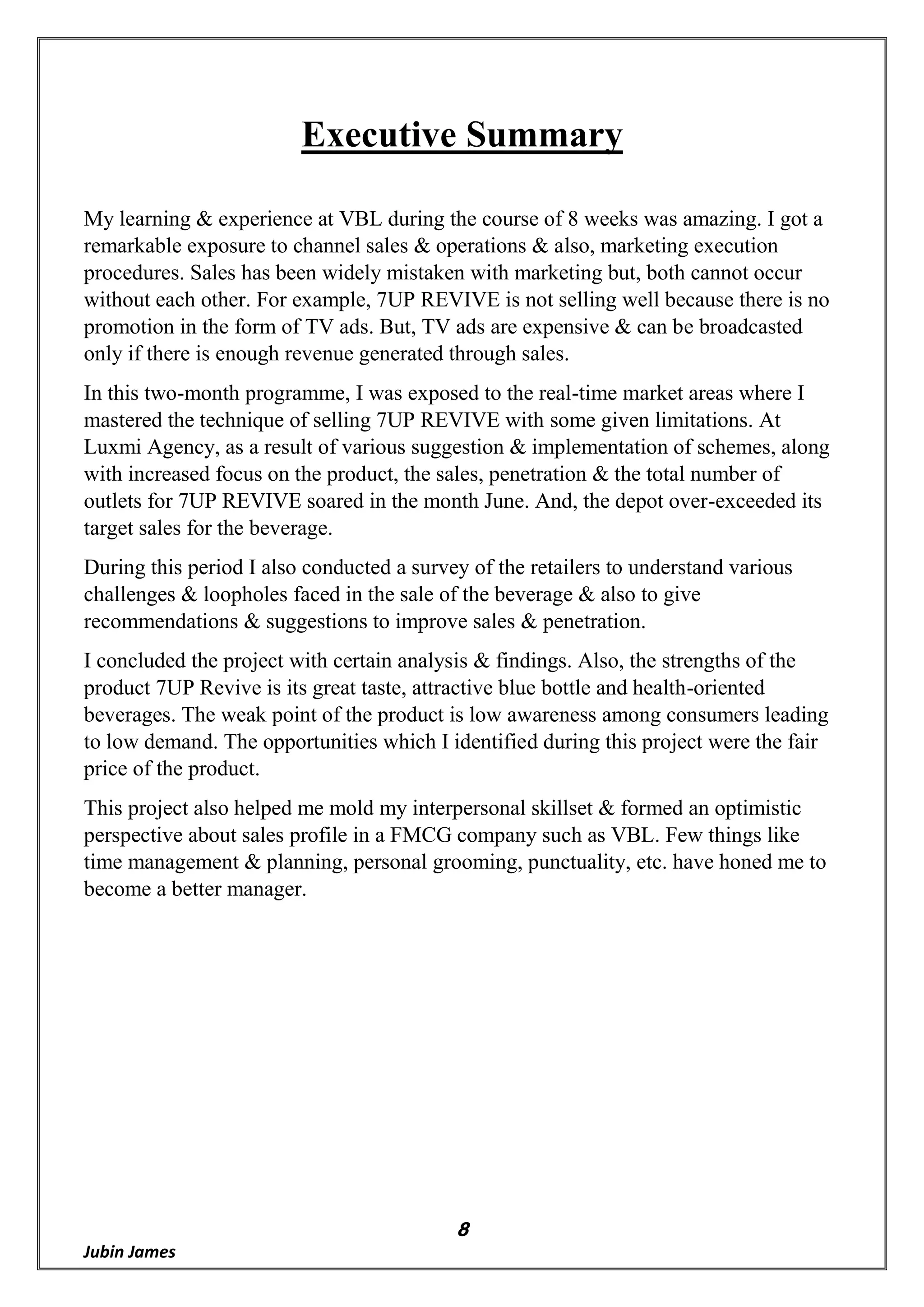 Report on 7UP REVIVE @ Varun beverages ltd, PepsiCo India | PDF