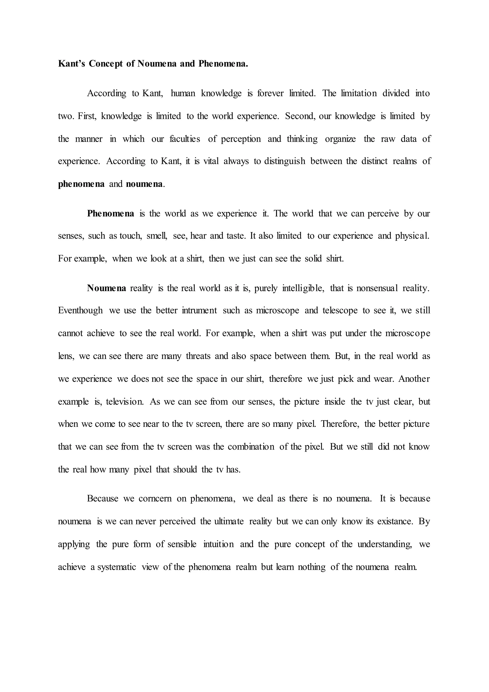 IMMANUEL KANT, CONCEPT NOUMENA AND PHENOMENA | DOCX