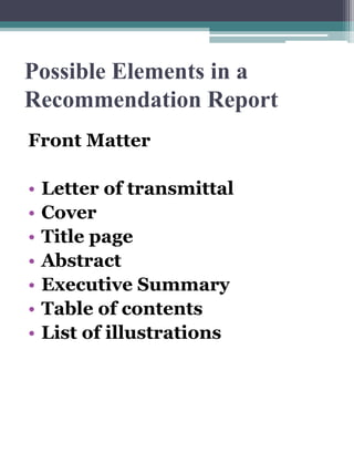 Recommendation Report Front Matter | PPTX