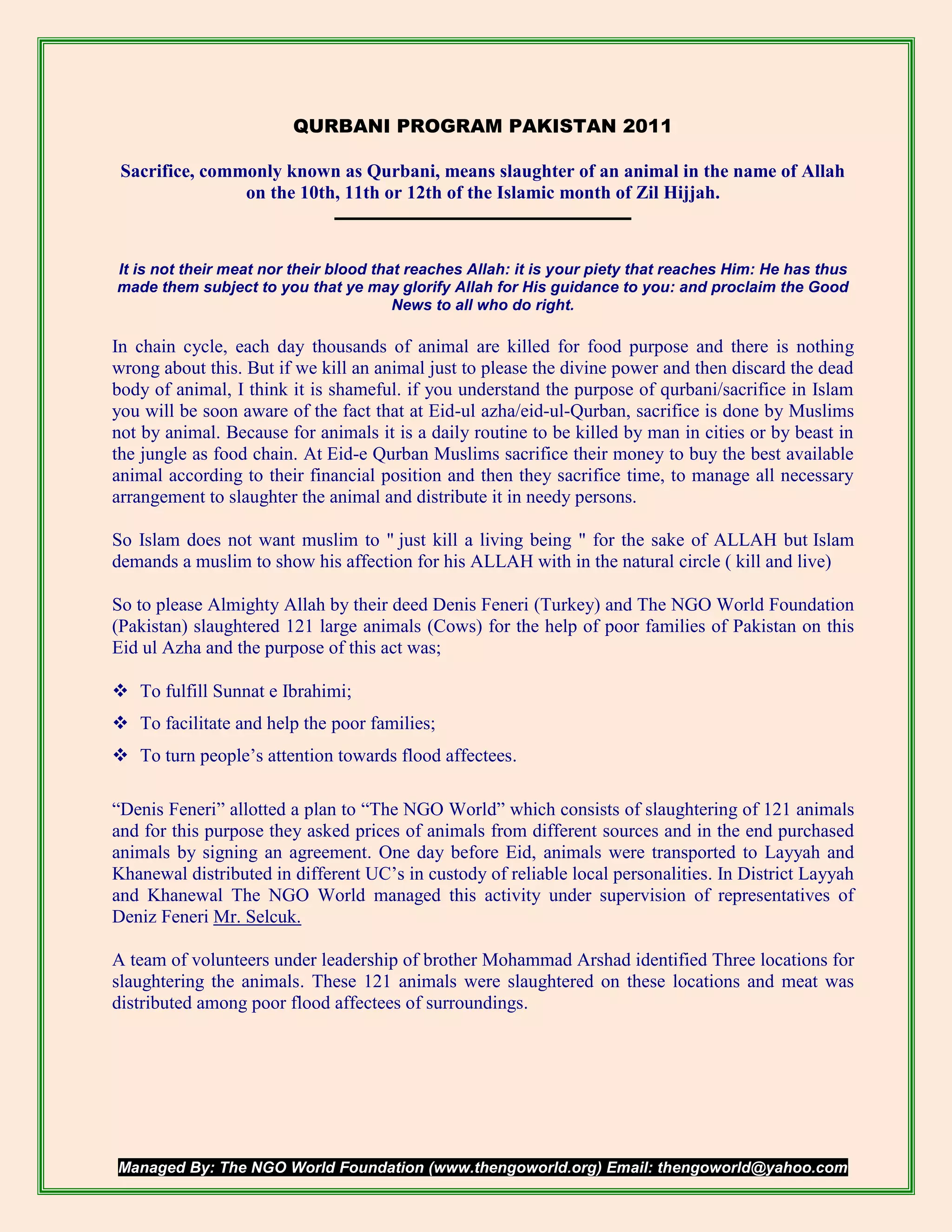 Report qurbani pakistan 2011 by the ngo world | PDF