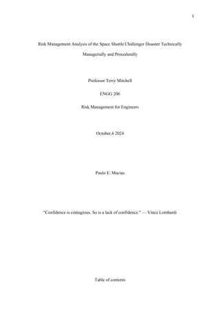 Risk Management Analysis of the Space Shuttle Challenger Disaster | DOCX