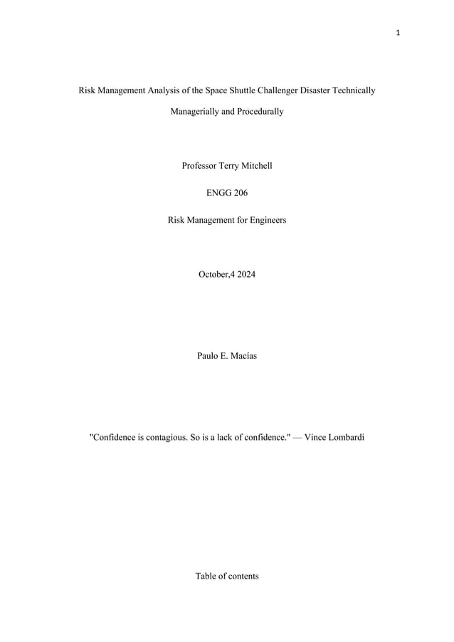 Risk Management Analysis of the Space Shuttle Challenger Disaster ...
