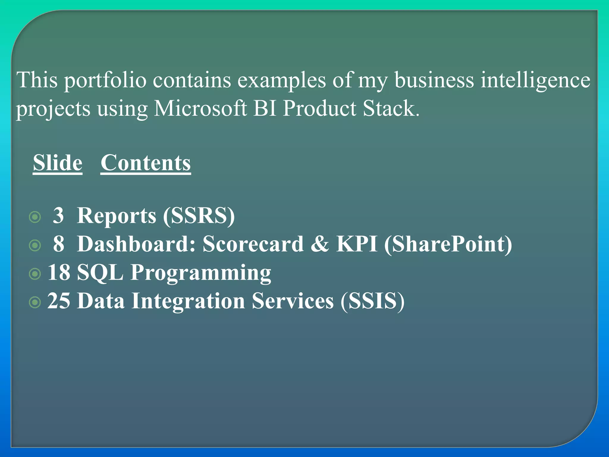 Reports Dashboards SQL SSIS Demo | PPT