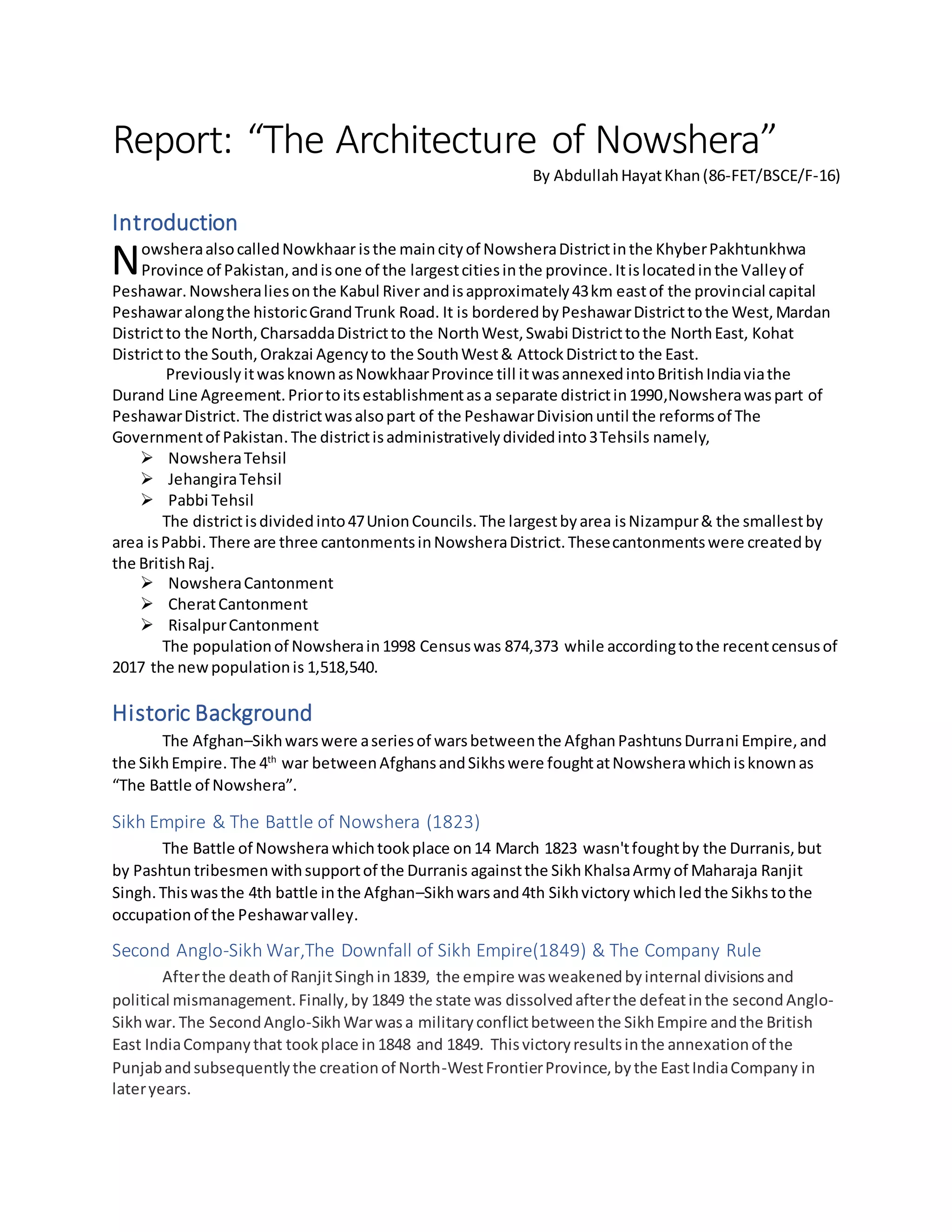Report The Architecture of Nowshera | DOCX