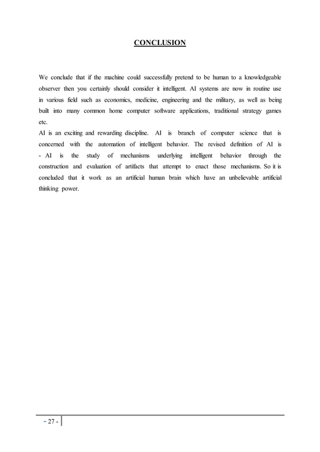 A Seminar Report On Artificial Intelligence A Seminar Report On Artificial Intelligence