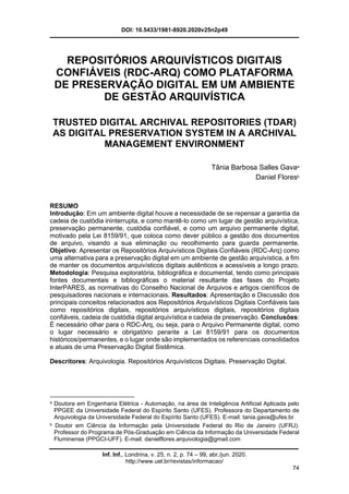REPOSITÓRIOS ARQUIVÍSTICOS DIGITAIS CONFIÁVEIS (RDC-ARQ) COMO ...