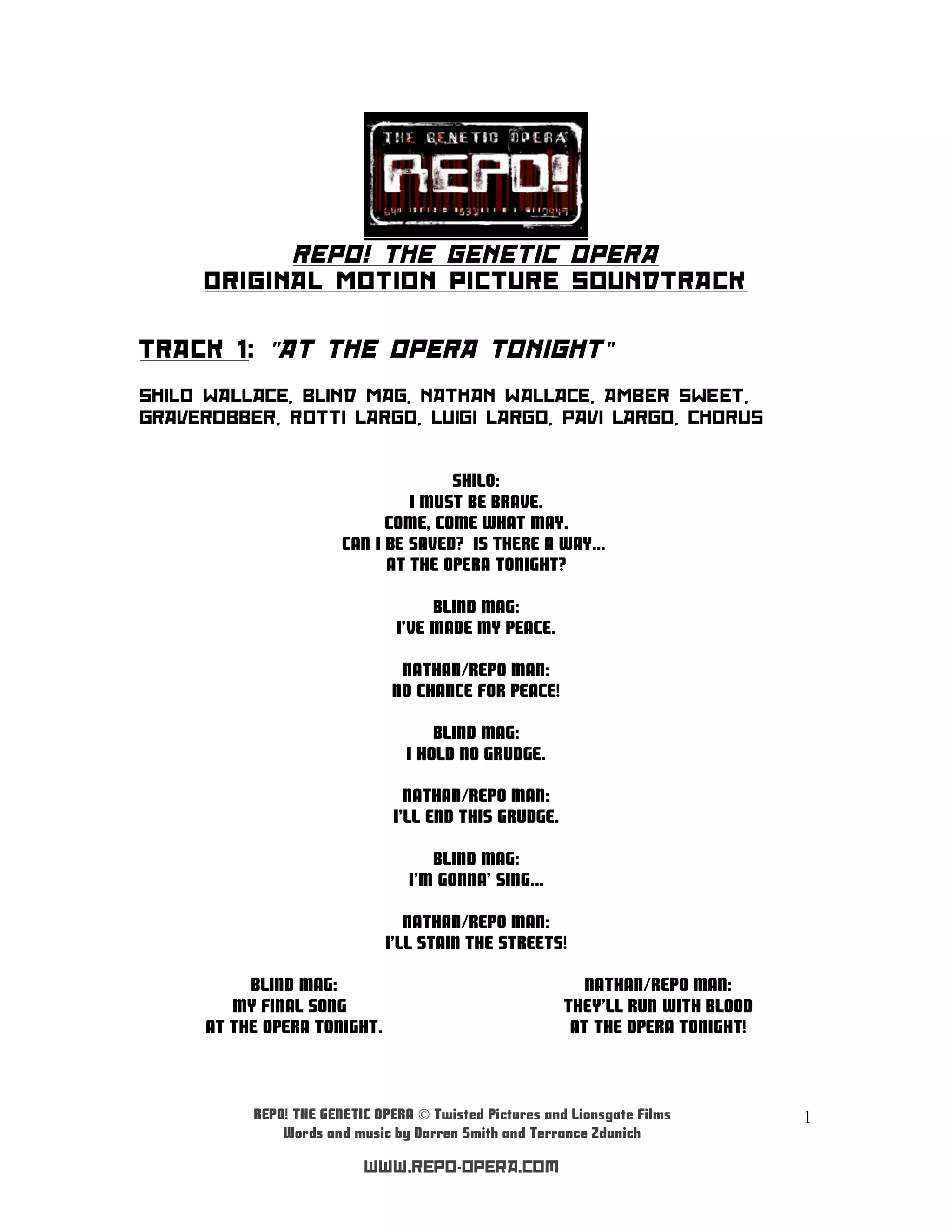 Repo! the genetic opera soundtrack (letras) | PDF