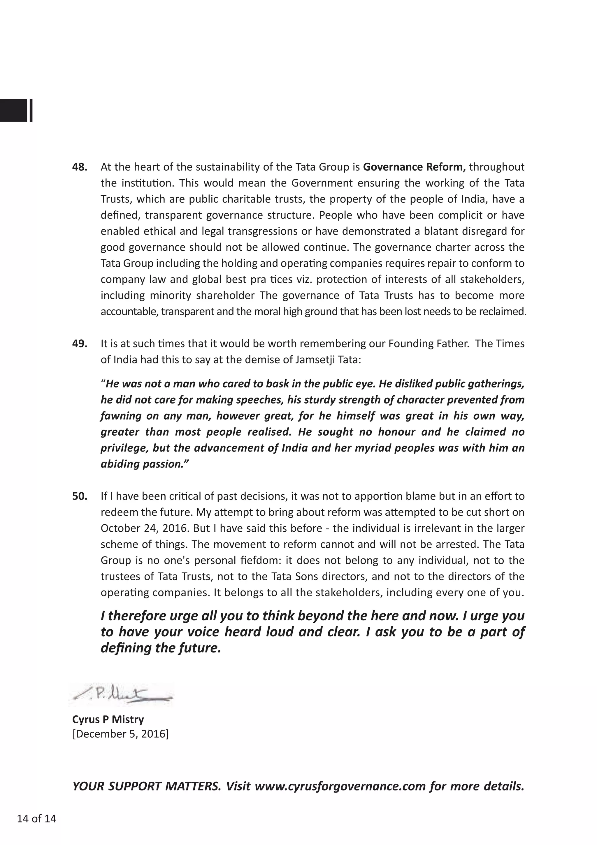 Representation by Cyrus P Mistry(5-12-16) | PDF