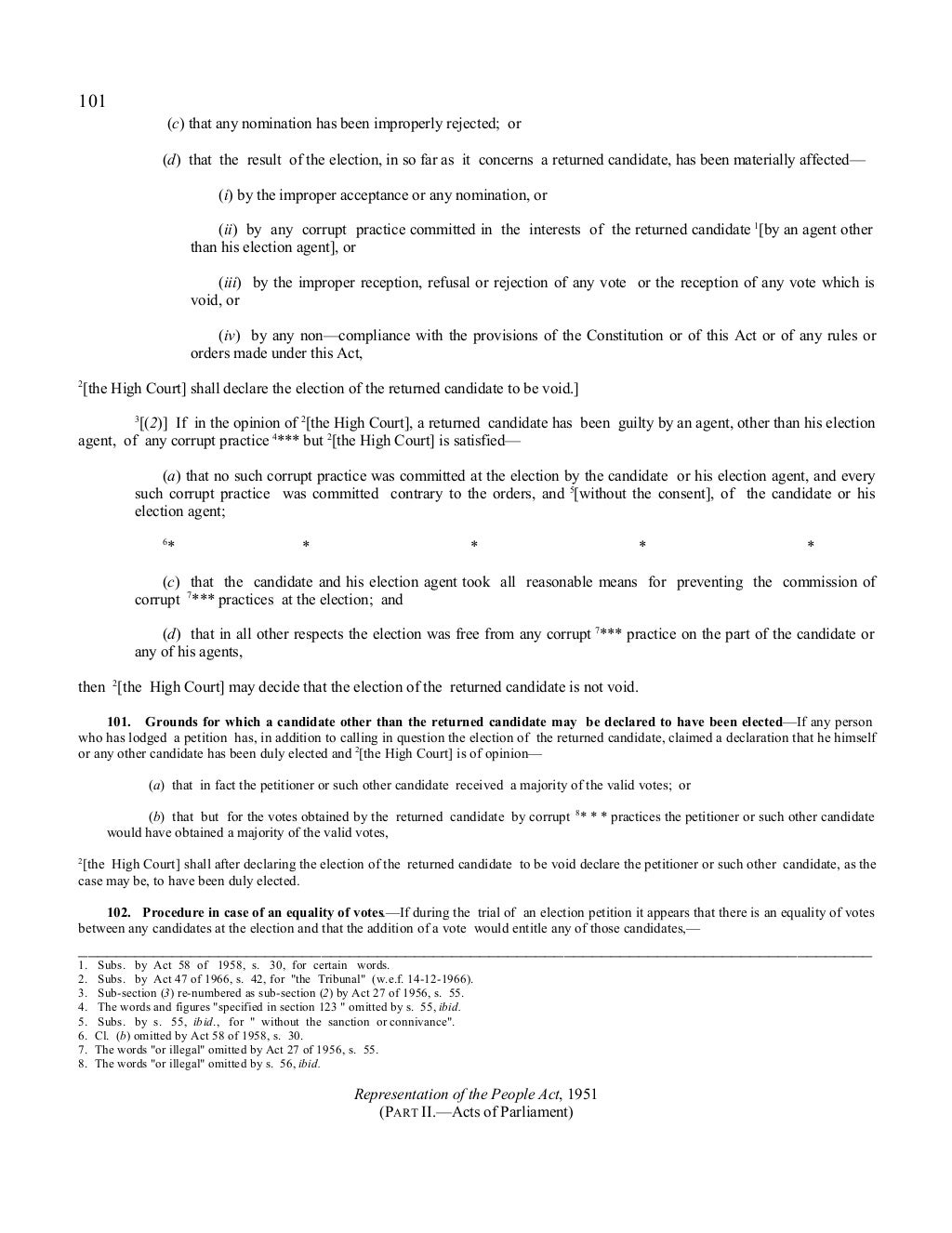 The Representation of the People act, 1951. India