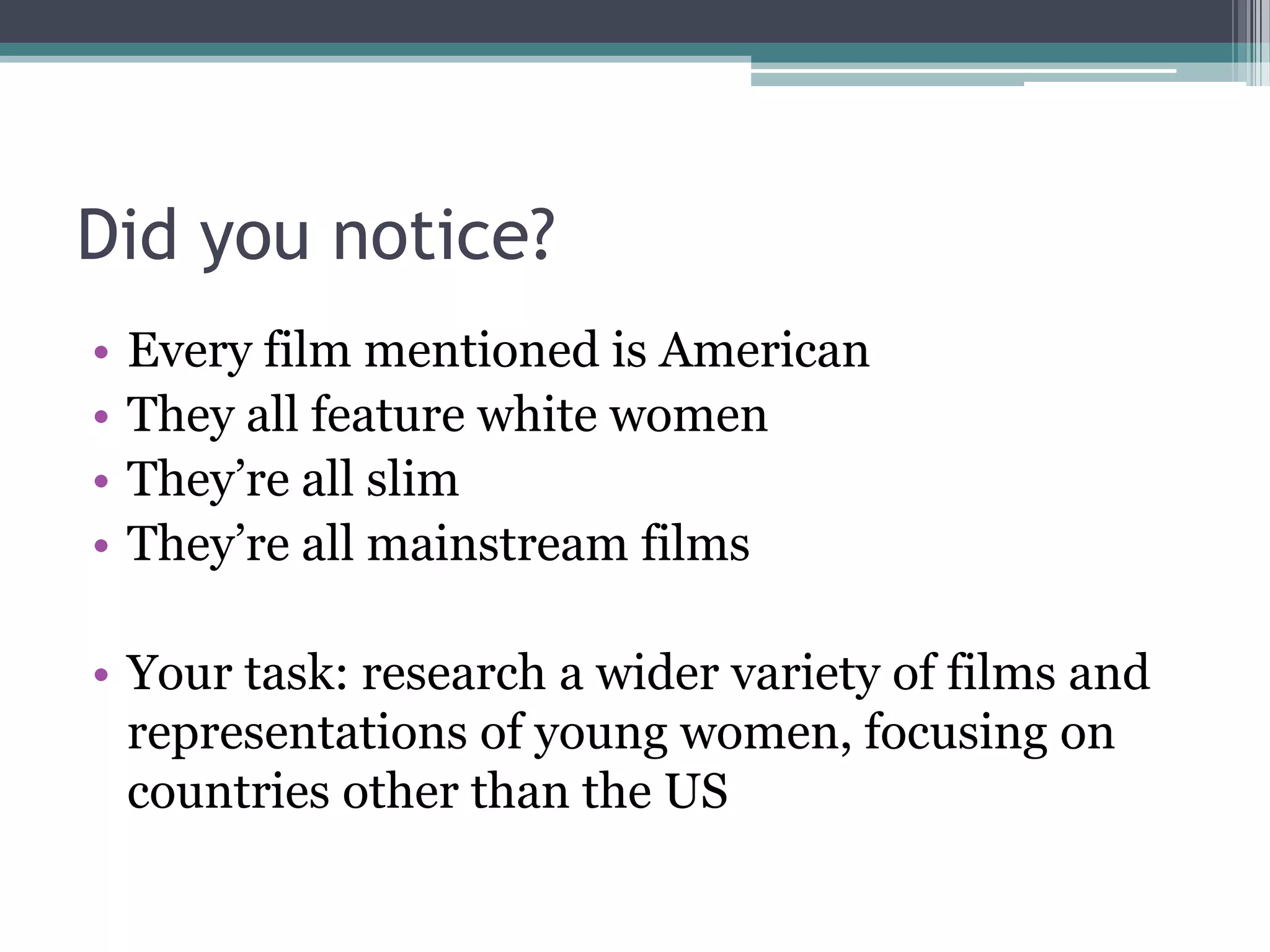 Representation of women in film - very basic overview | PPTX