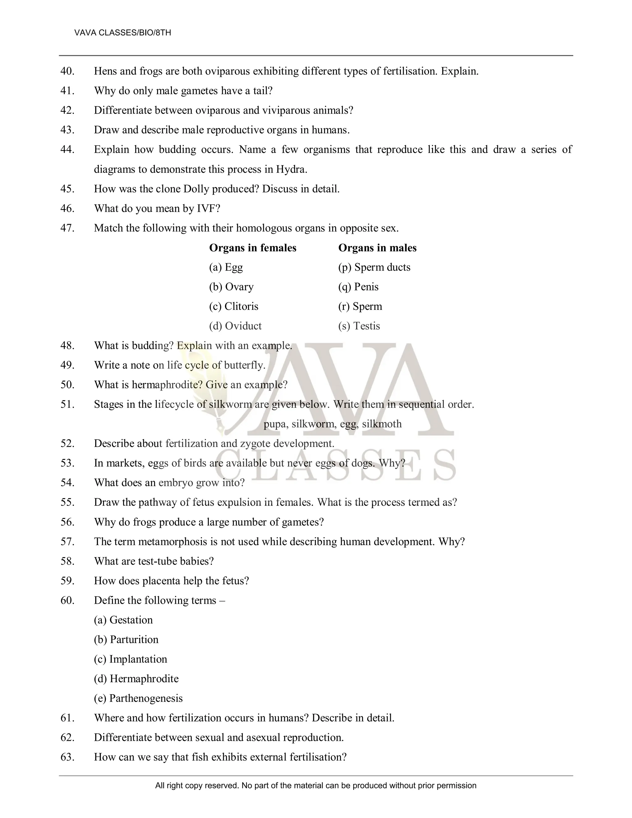 Class 8 reproduction in animals Study material pdf | PDF