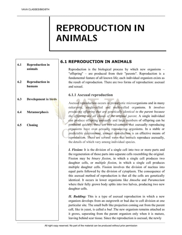 Class 8 reproduction in animals Study material pdf | PDF