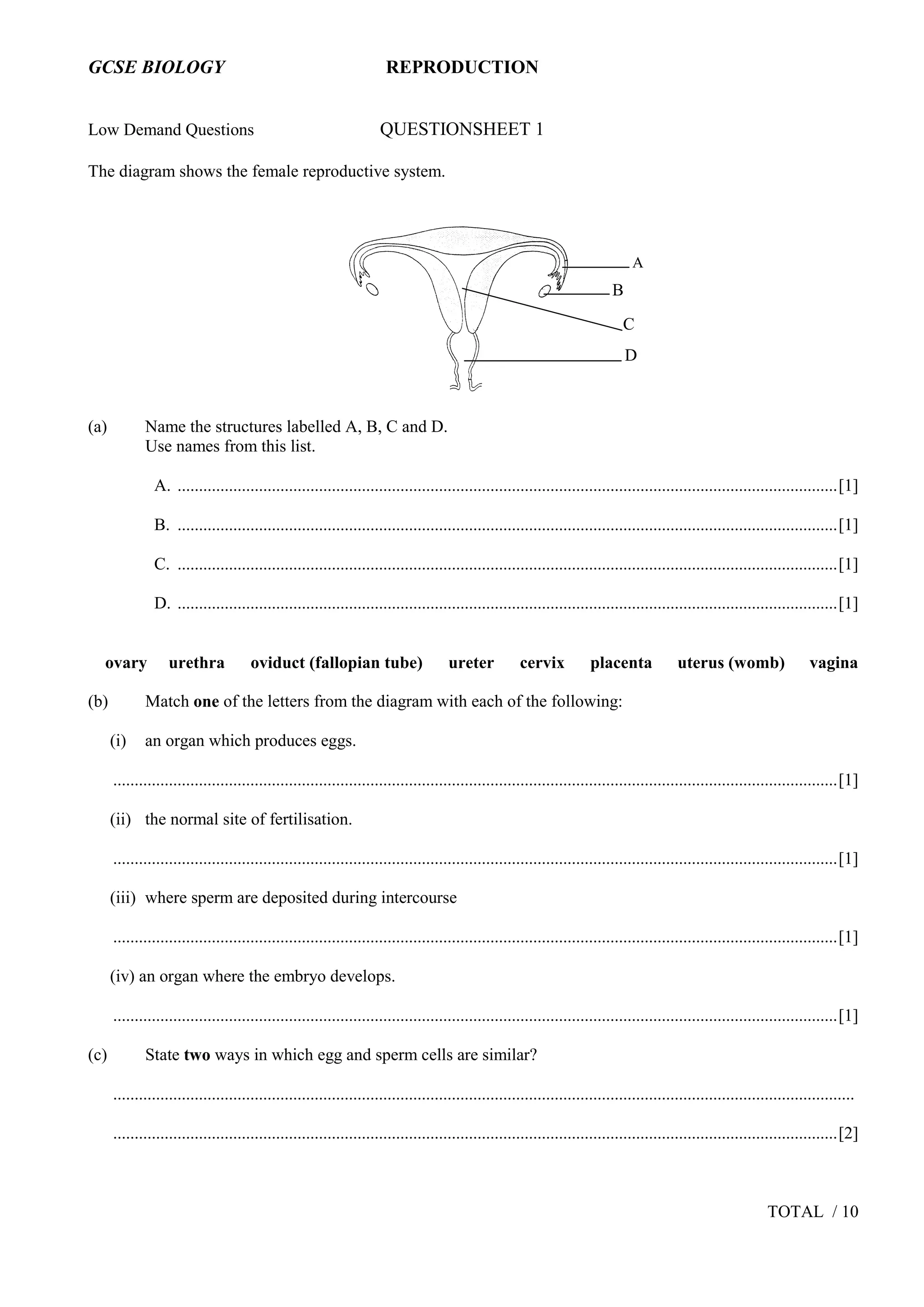 Reproduction in Animals Revision Questions | PDF