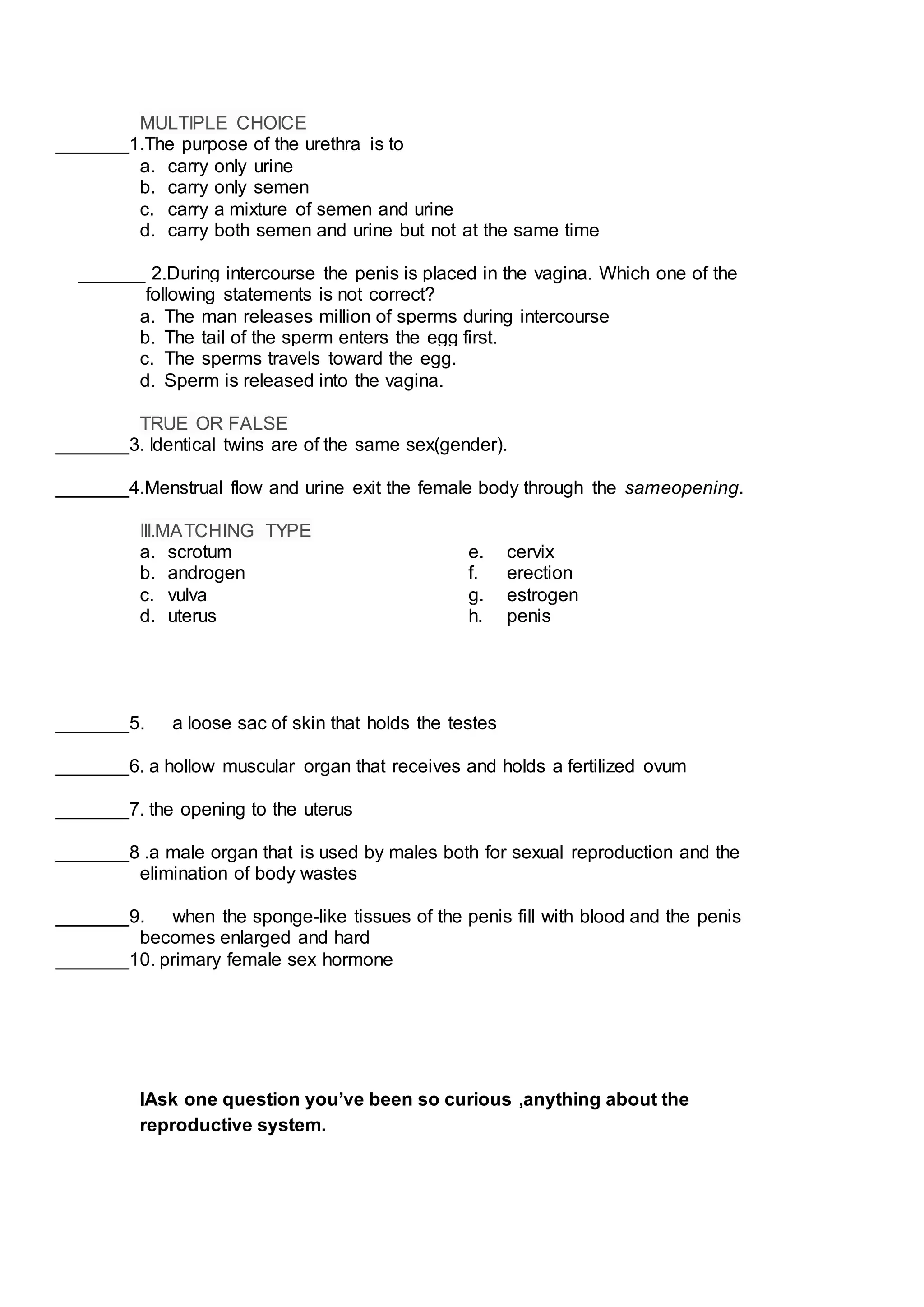 REPRODUCTIVE SYSTEM QUIZ | DOCX