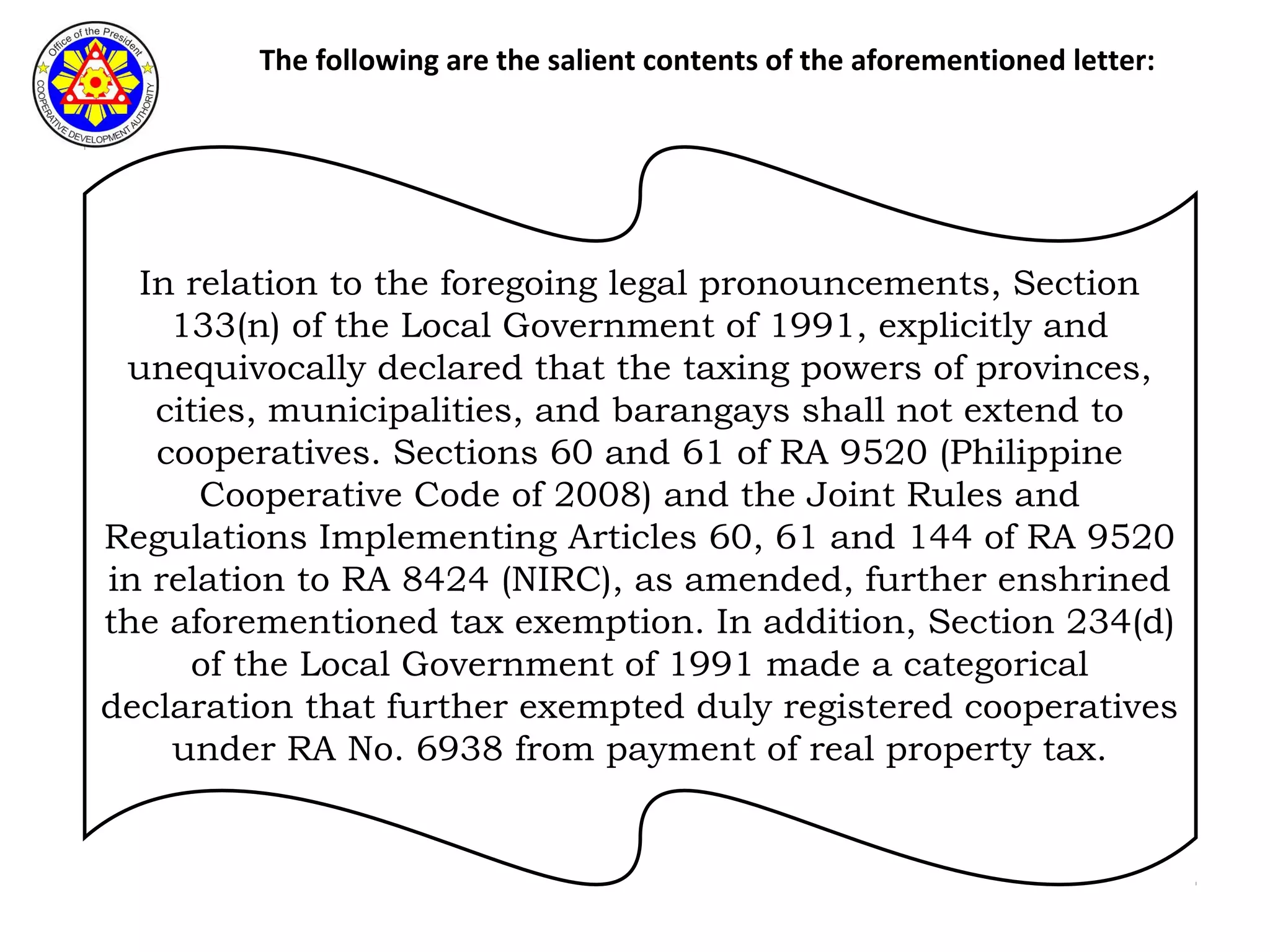 Exemption of Cooperatives from the payment of local taxes, fees, and ...