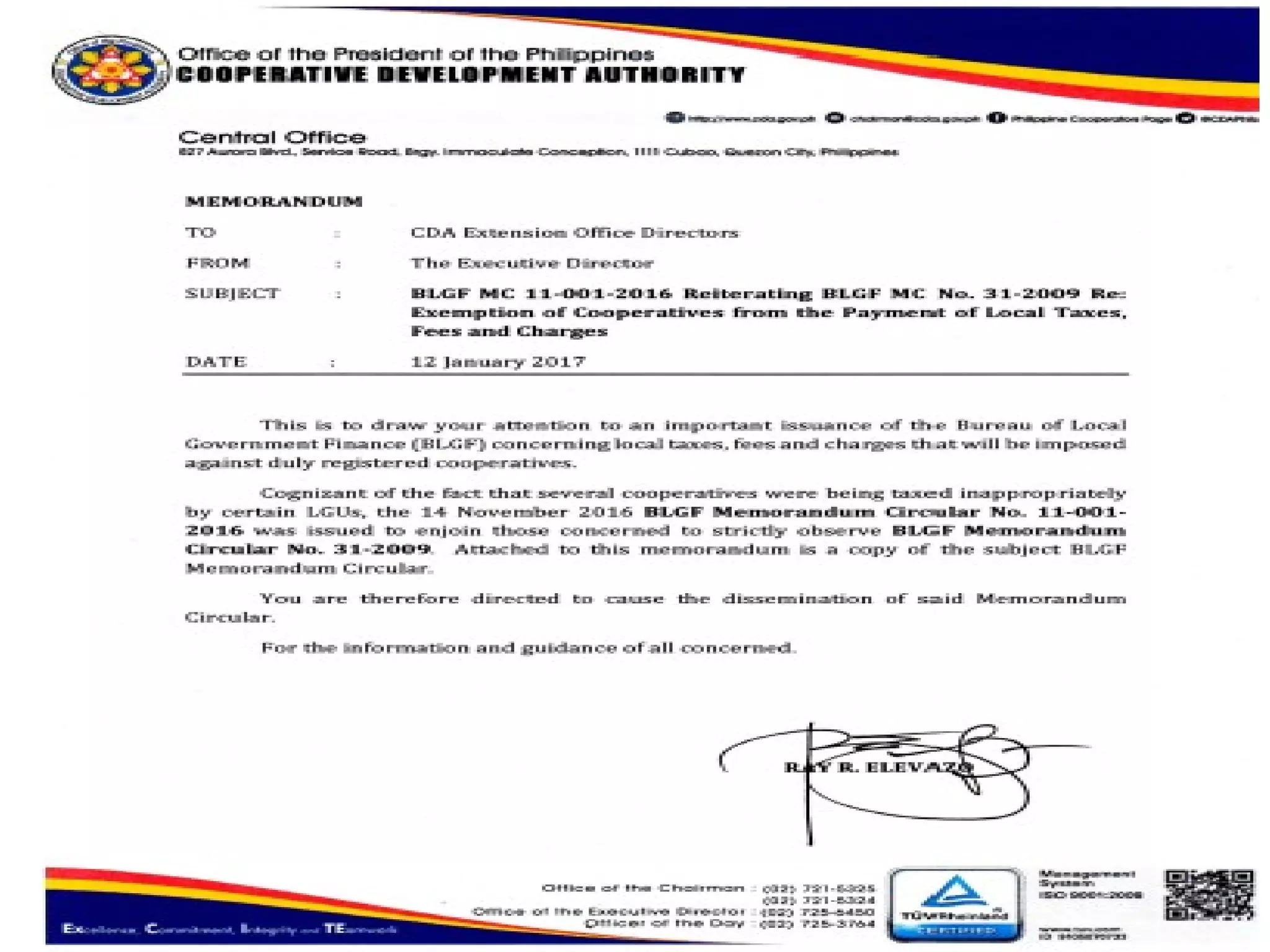 Exemption of Cooperatives from the payment of local taxes, fees, and charges per BGLF MC No. 31 ...