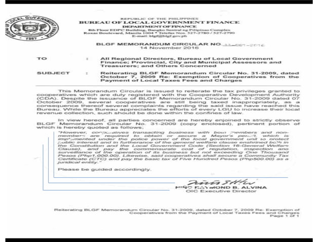 Exemption of Cooperatives from the payment of local taxes, fees, and charges per BGLF MC No. 31 ...
