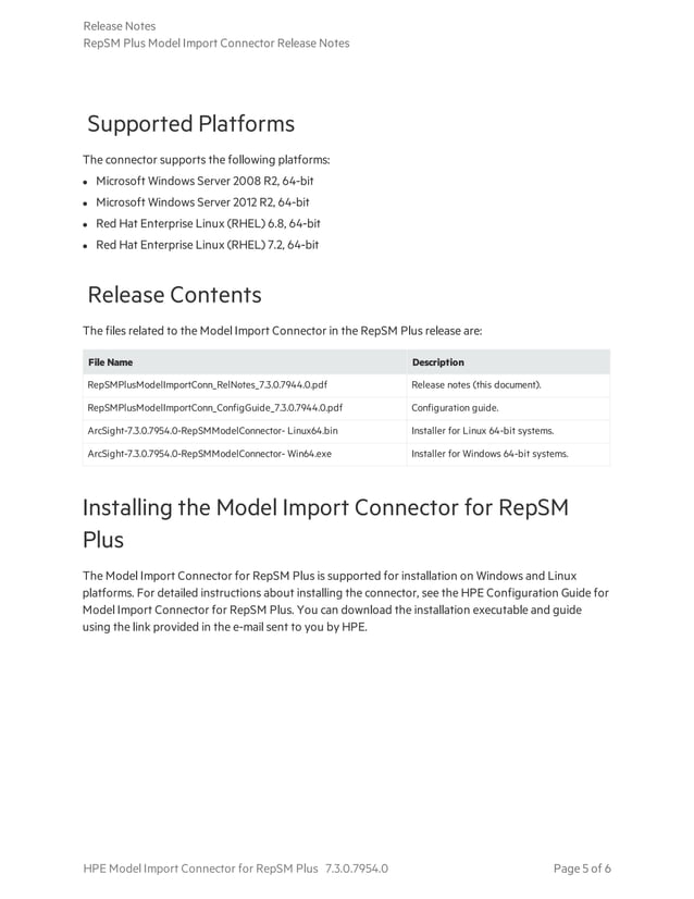 HPE ArcSight RepSM Plus Model Import Connector Release Notes | PDF