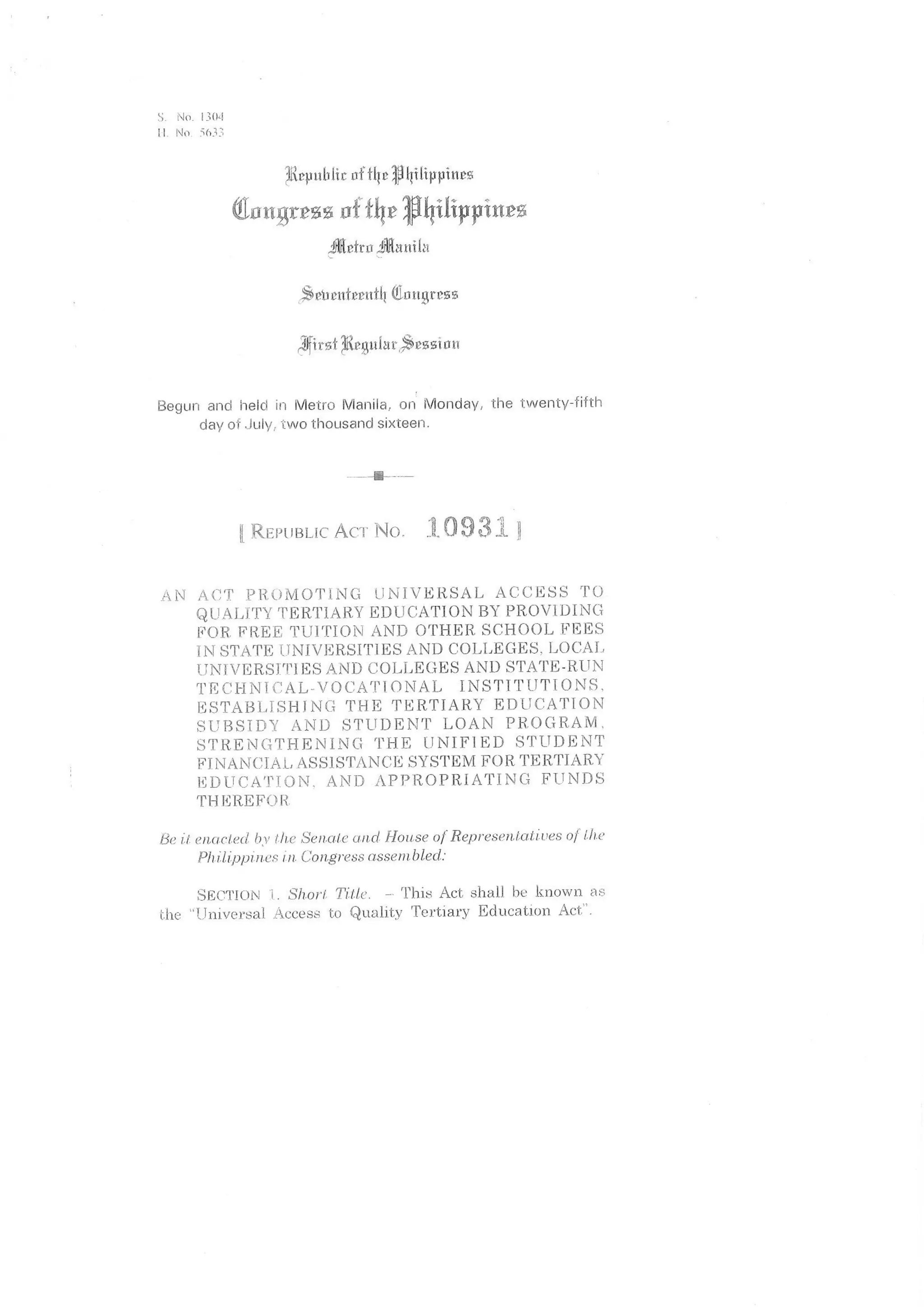Republic Act 10931 Universal Access to Quality Tertiary Education Act | PDF
